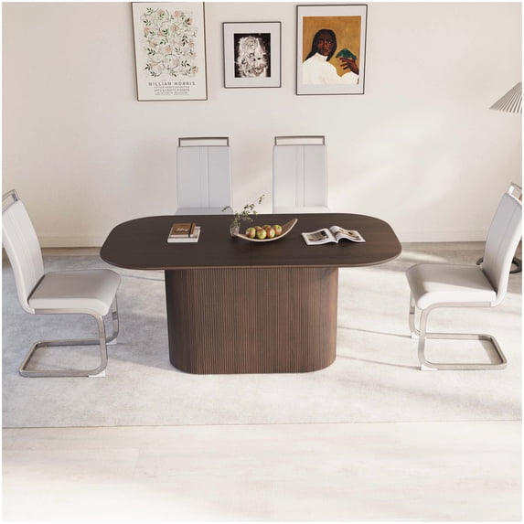 63 Inch Modern Dining Table and Chair Set 4, Brown Woodgrain Top White ...