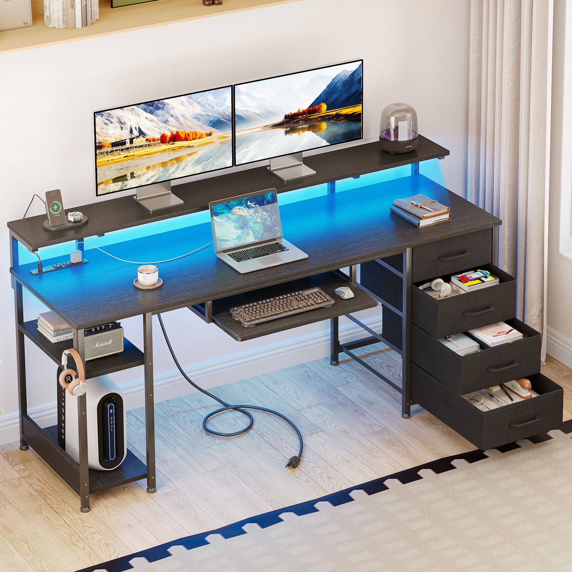 63 Inch Office Desk with Power Outlet and Adjustable Monitor Stand ...