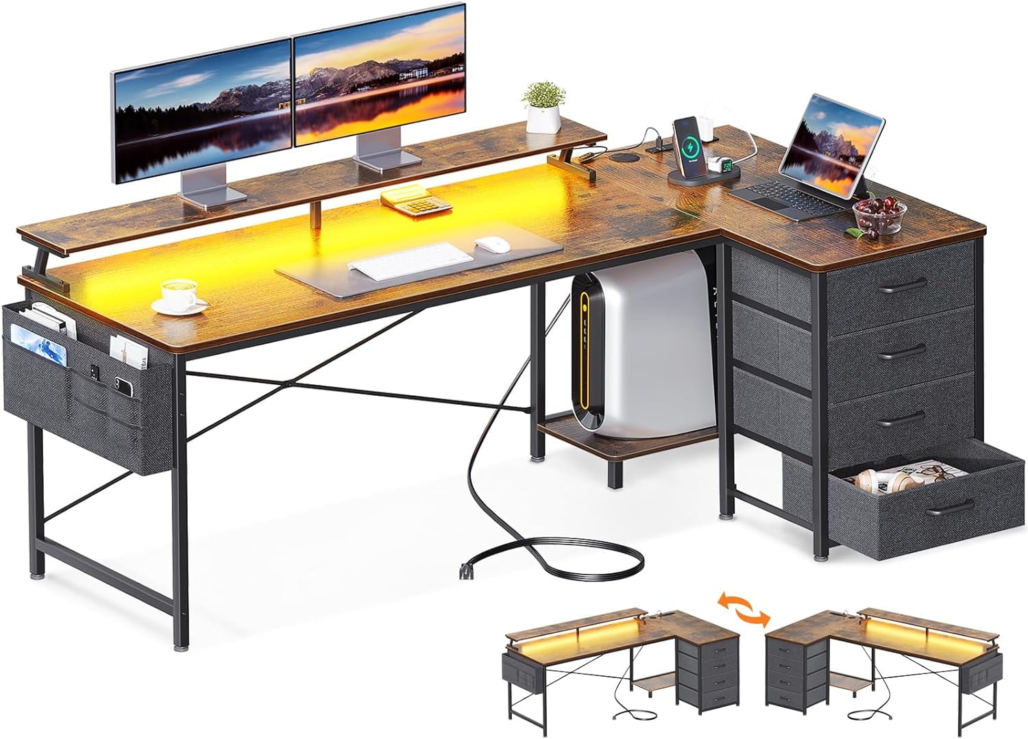 63-Inch Reversible L-Shaped Computer with 4 Drawers Gaming with LED ...