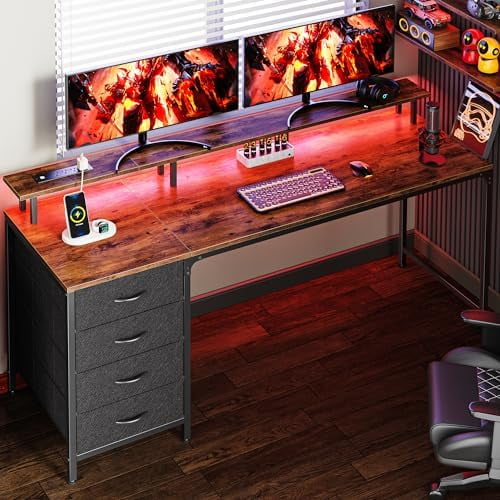 63 Inch Rustic Brown Gaming & Office Computer Desk with 4 Drawers ...