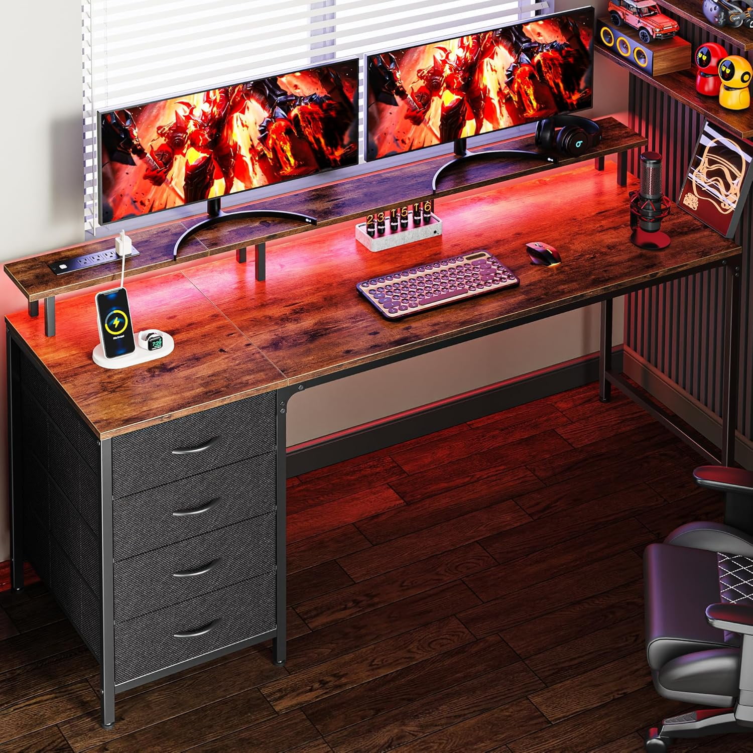63 Inch Rustic Brown Gaming & Office Computer Desk with 4 Drawers ...