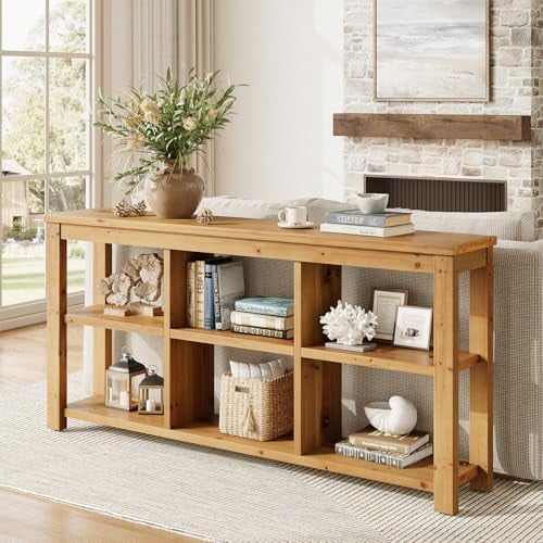 63-Inch Solid Wood Console Table for Entryway, 3-Tier Long Farmhouse ...