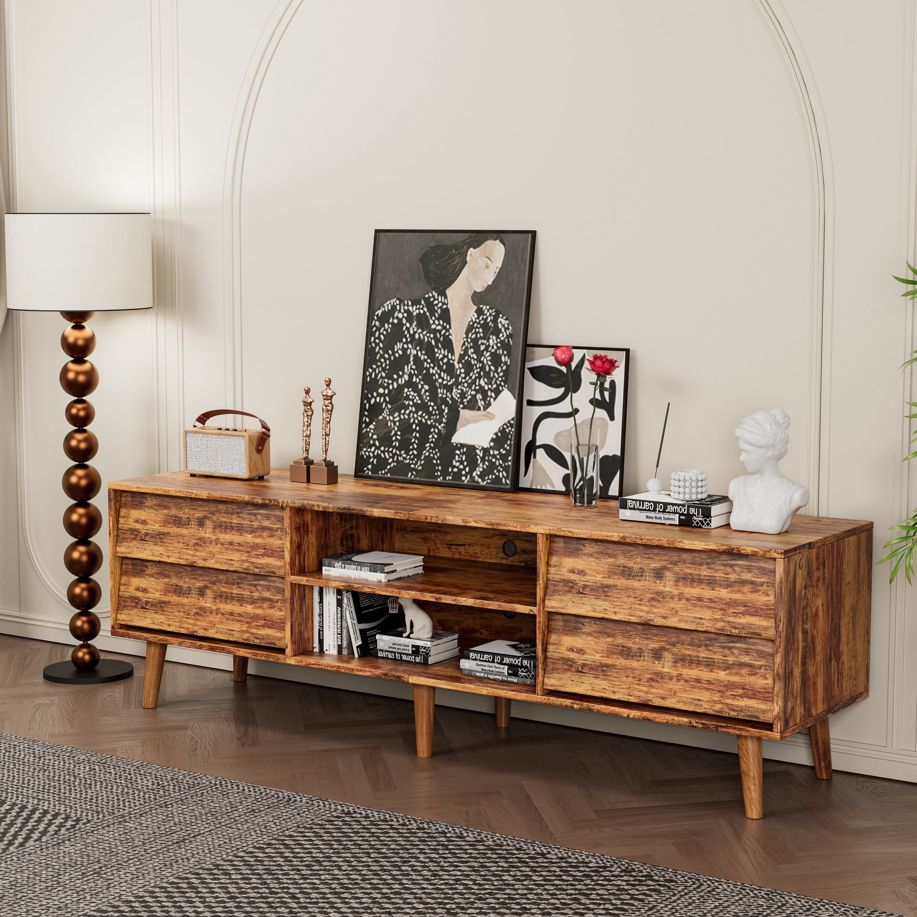 63 Inch TV Cabinet, Retro Style TV Sideboard Console Table With 4 Slope ...
