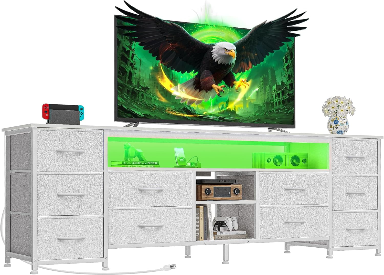 63 Inch TV Stand Dresser with Power Outlets, -C Port and Lights, 10 ...