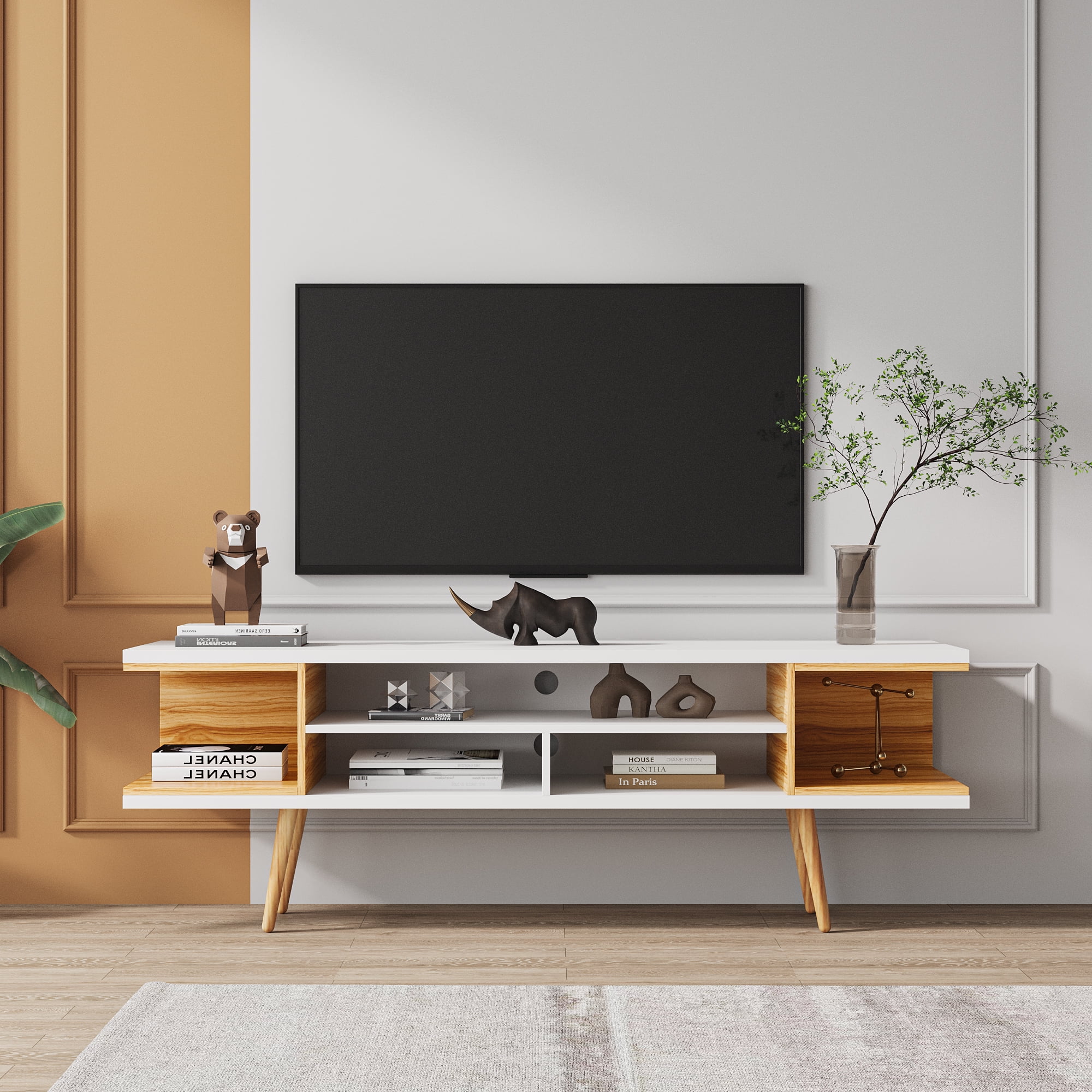 63 Inch TV Stand, Modern Entertainment Center Adjustable Storage ...