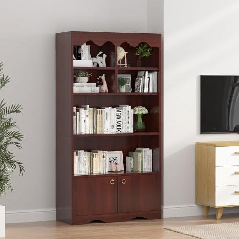 63 Inch Tall Bookshelf with Open Storage Shelves & Doors, 5-Tier Modern ...