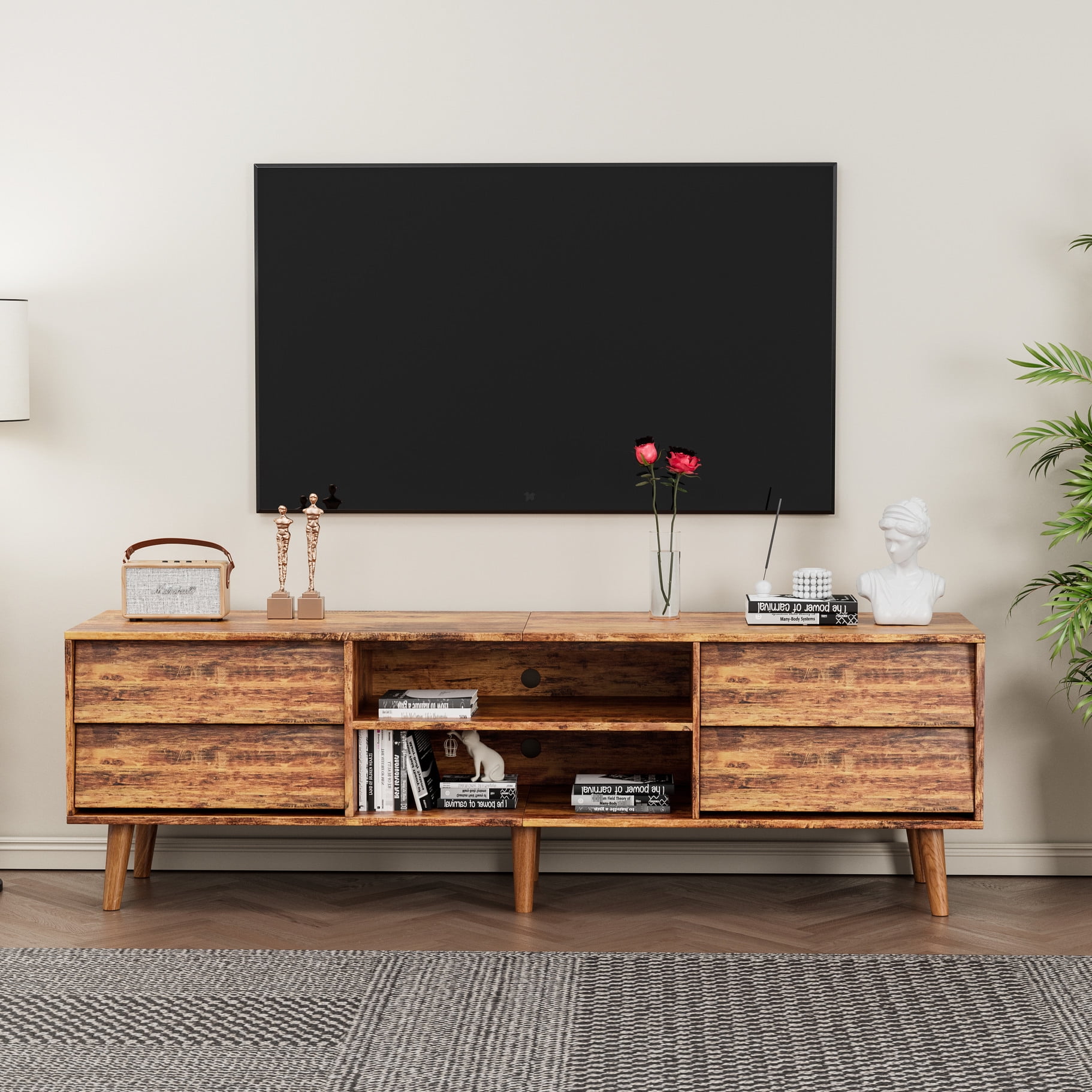 63 Inch Vintage Beveled Tv Stand For Living Room. Entertainment Cabinet ...