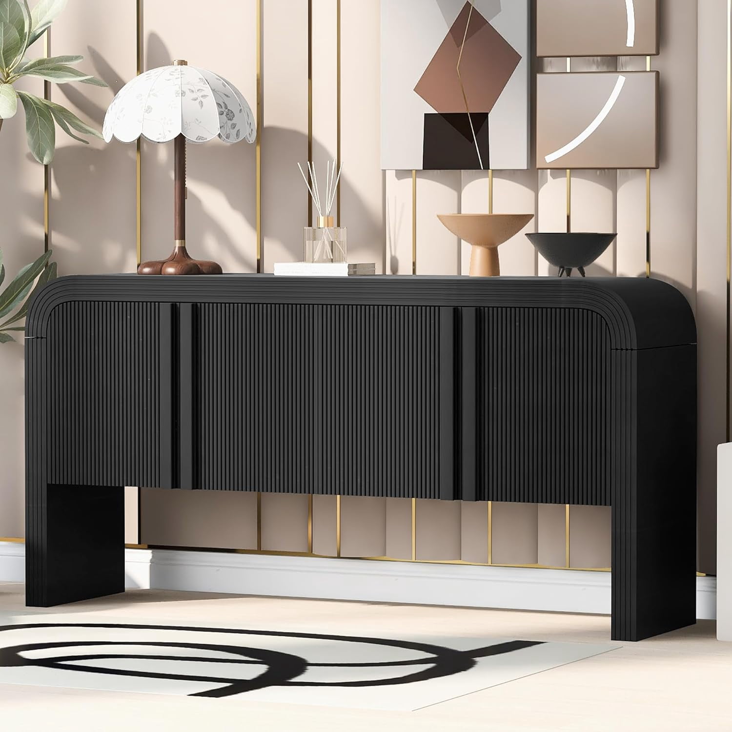 63-Inch Wave-Pattern Console Table with 4 Doors and Adjustable Shelf ...