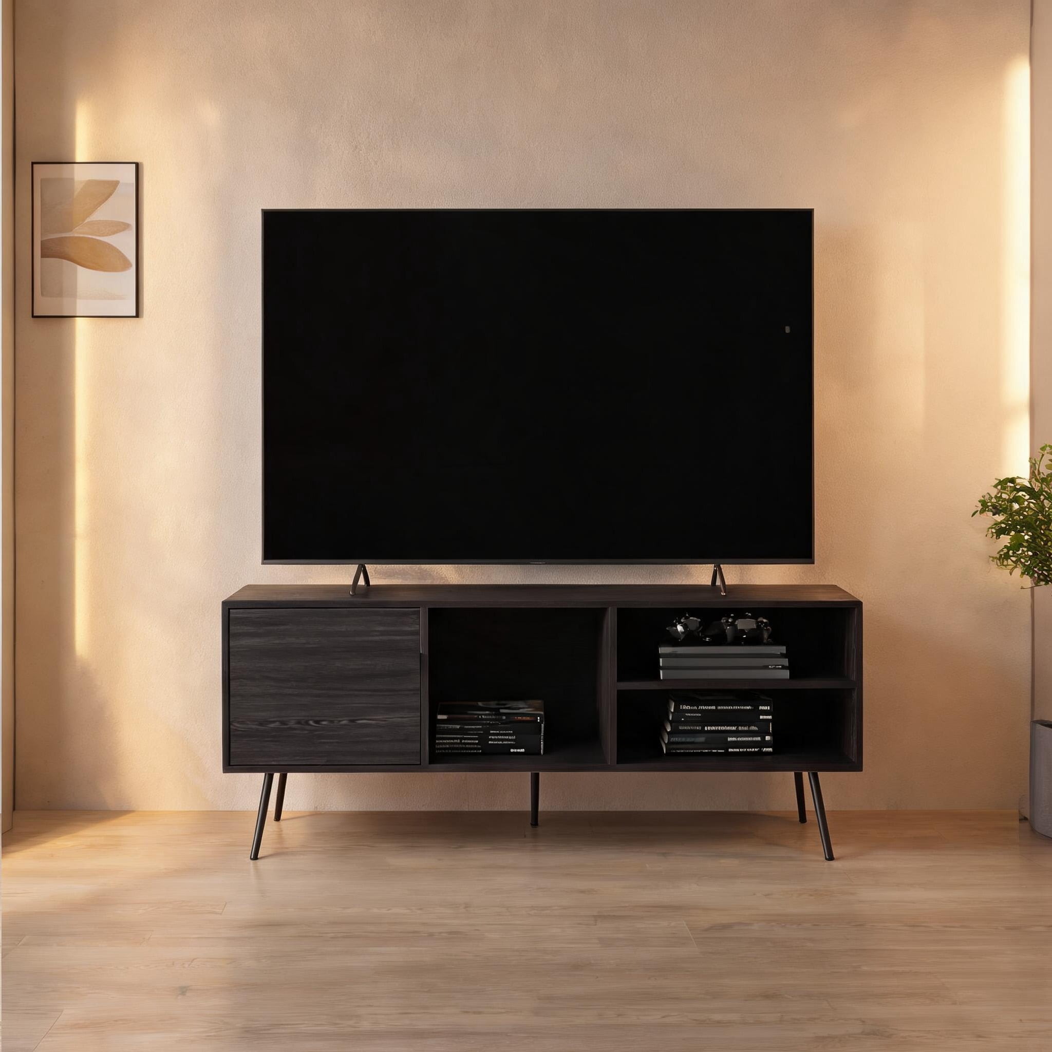 63-Inch Wide Storage TV Stand with Cabinet and Open Shelves, Sleek ...