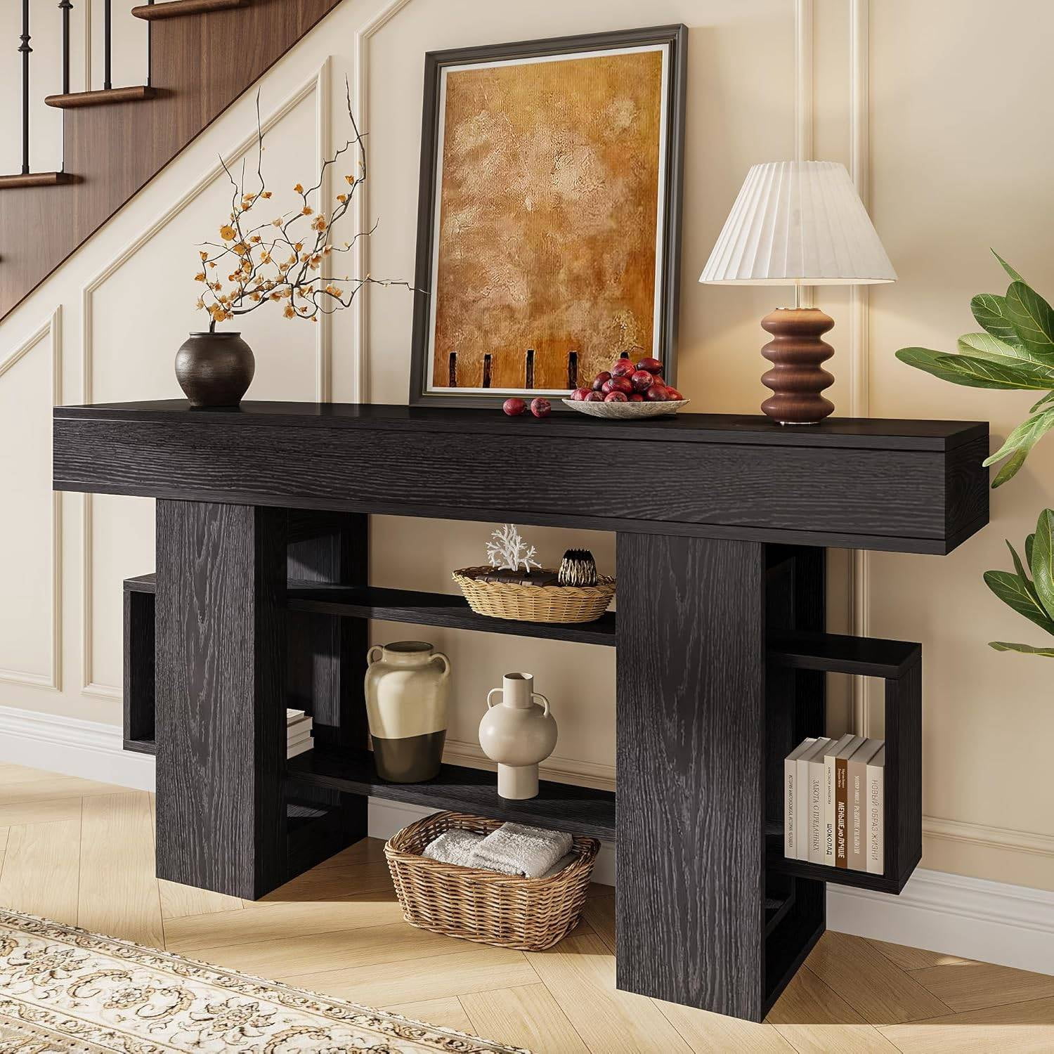 63-Inch Wooden Console Table with Storage, Narrow Sofa Table for ...