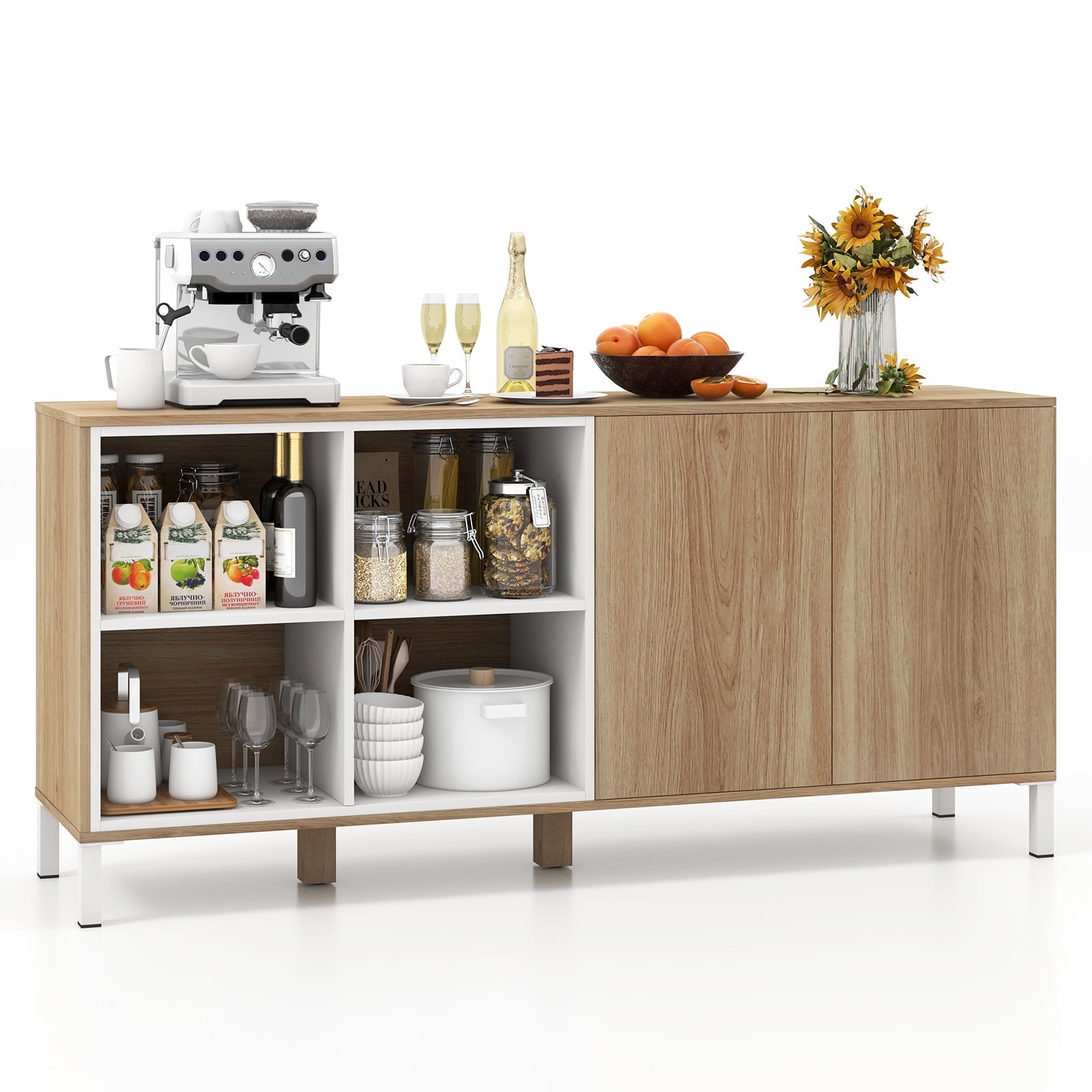 63 Inches Buffet Sideboard with 4 Compartments and Push-to-Open Cabinet ...