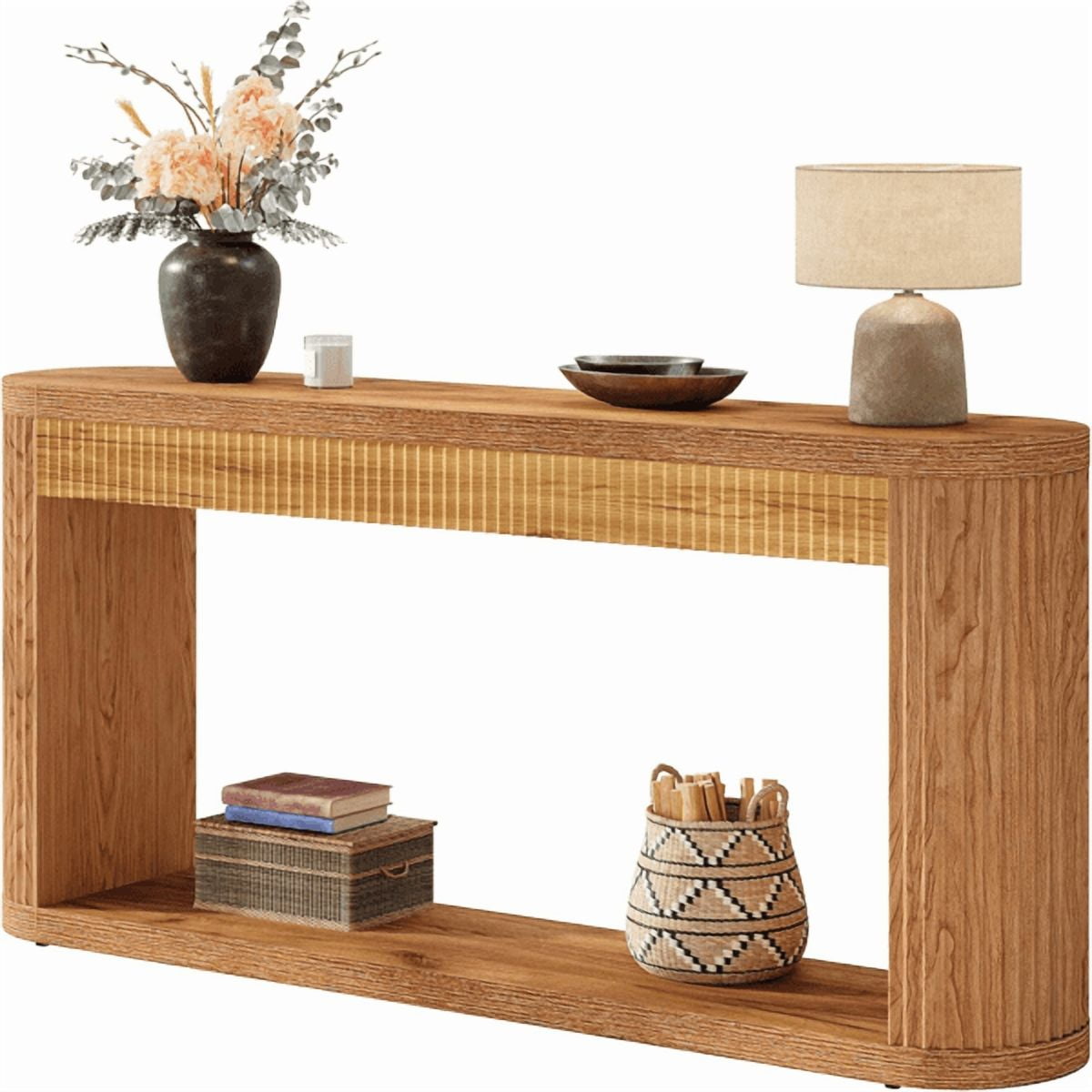 63" Industrial Console Table - Fluted Design with Semi-Cylinder Support ...