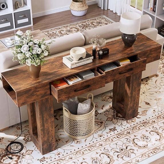 63" Industrial Console Table with Outlets and 2 Drawers, Rustic Long ...