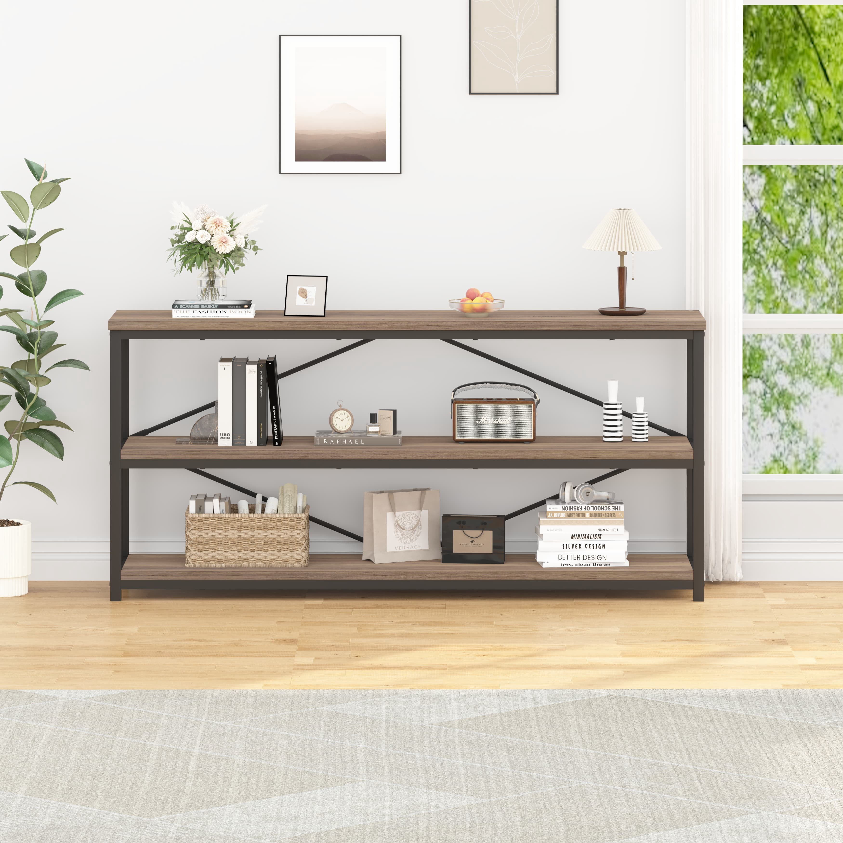 63" Industrial Wood & Metal 3-Tier Bookshelf - Rustic Oak Low ...