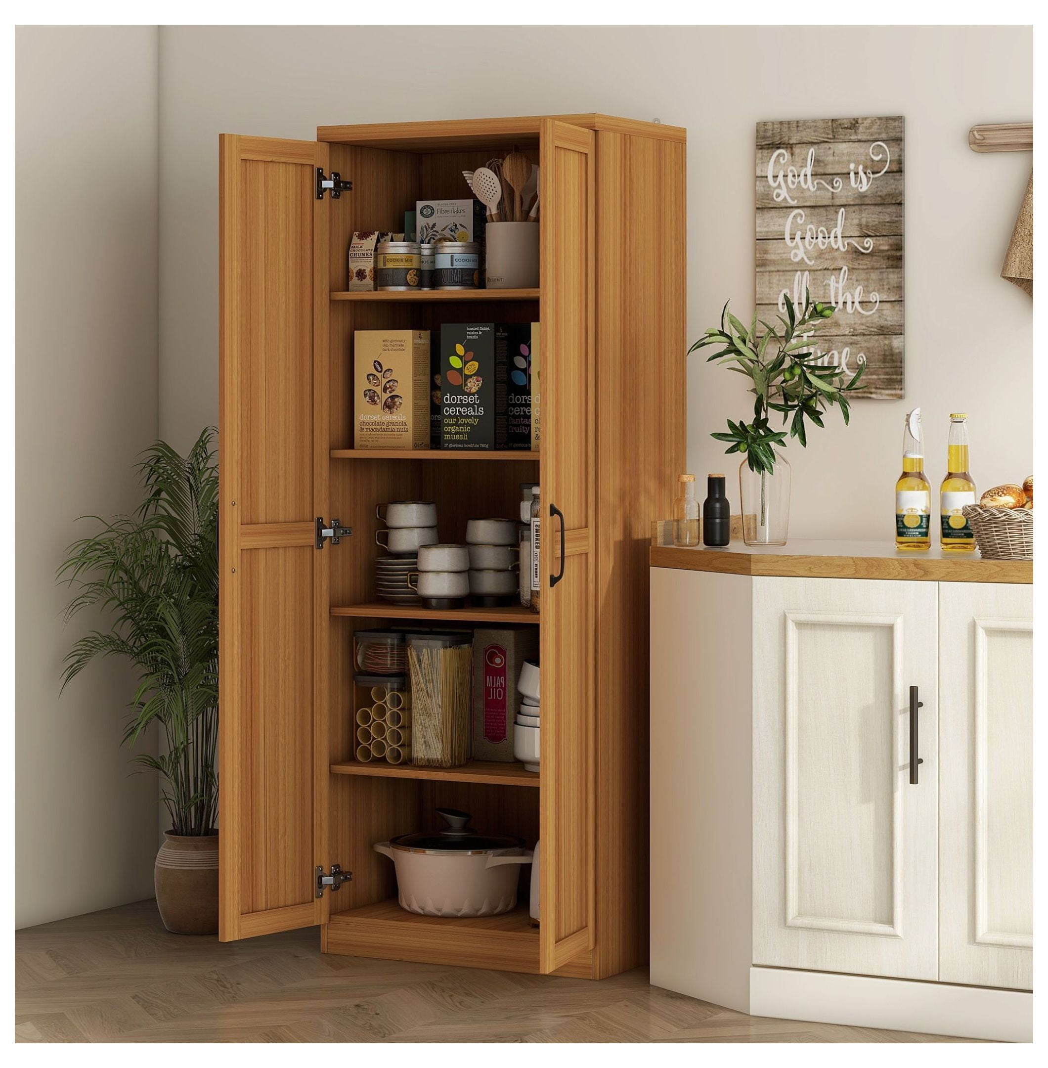 63" Kitchen Pantry - 2 Door Freestanding Cabinet with Adjustable ...