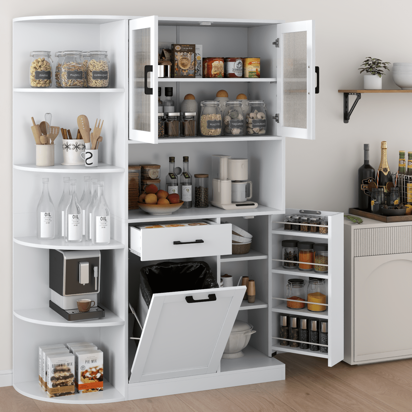 63 Kitchen Pantry Storage Cabinet with Tilt Out Trash Storage 5 Tier Side Shelves Freestanding Hutch with Glass Doors Drawer Adjustable Shelves