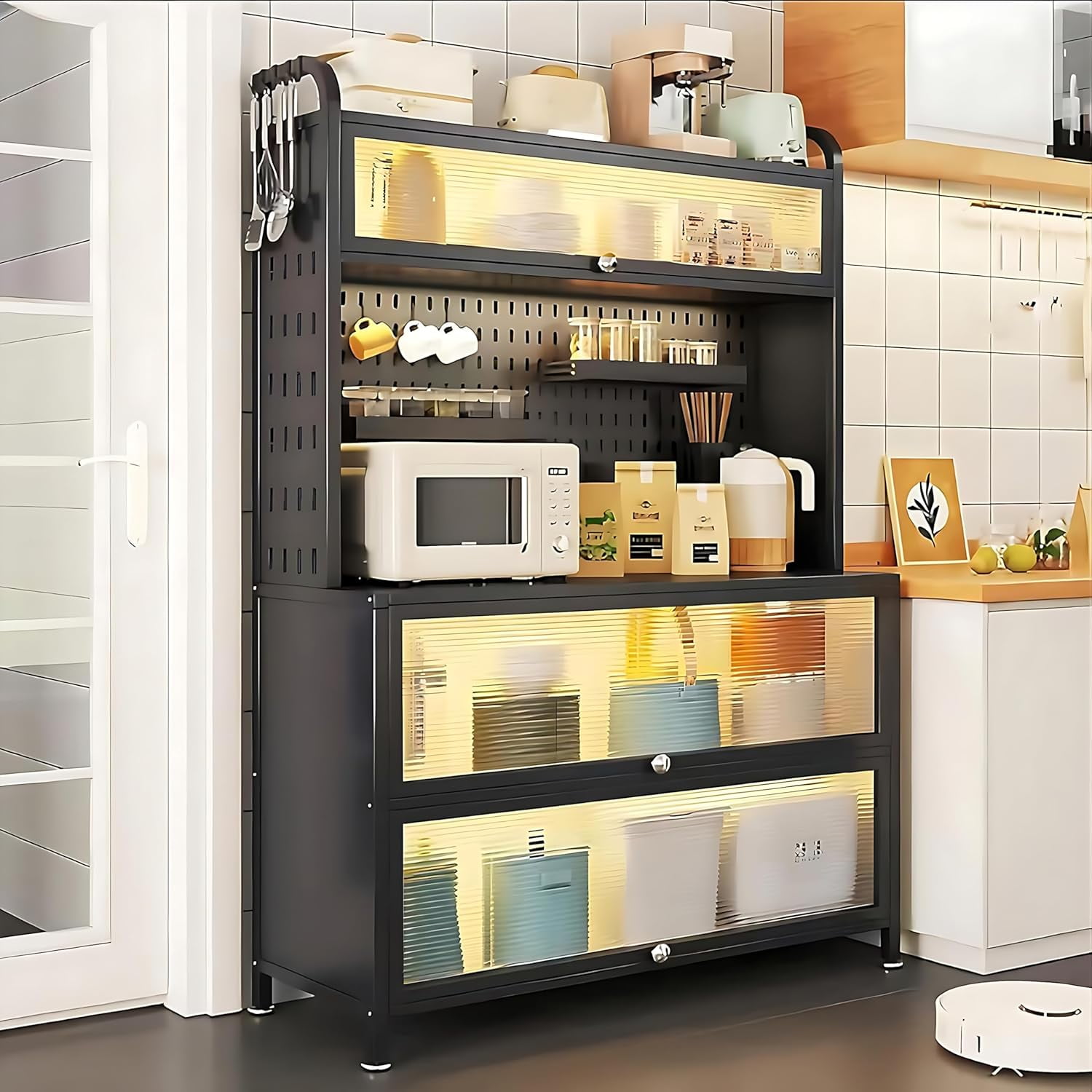 63" Kitchen Storage Cabinet, Bakers Racks for Kitchens with Acrylic ...