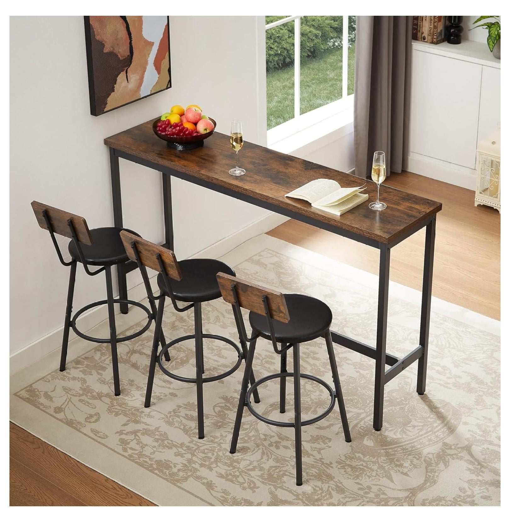 63" L Bar Table and Chairs Set for 3, 4 Piece Long Rectangle Pub Bistro ...