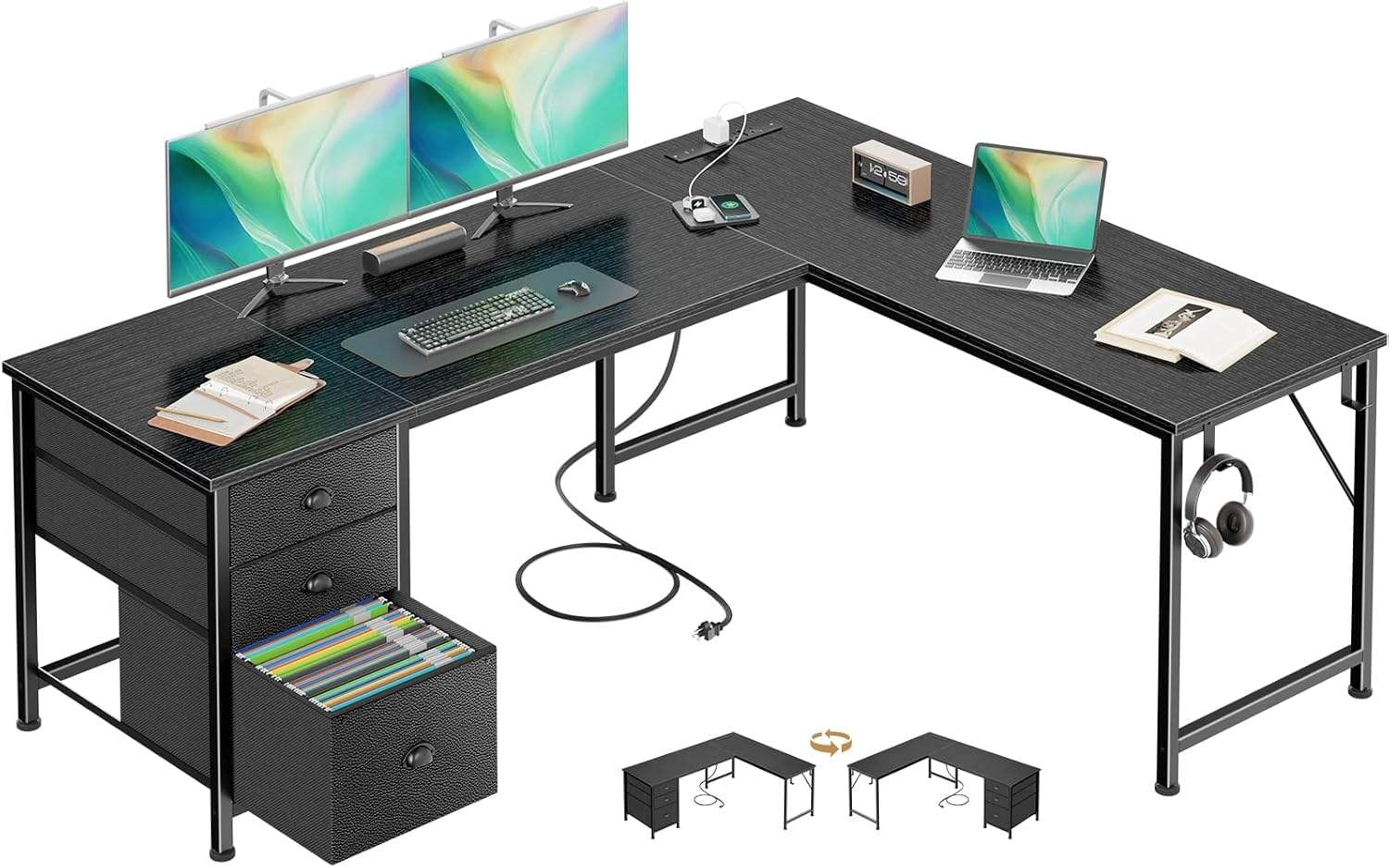 63" L-Shaped Computer Desk with Power Outlets, USB-C Ports, Fabric ...