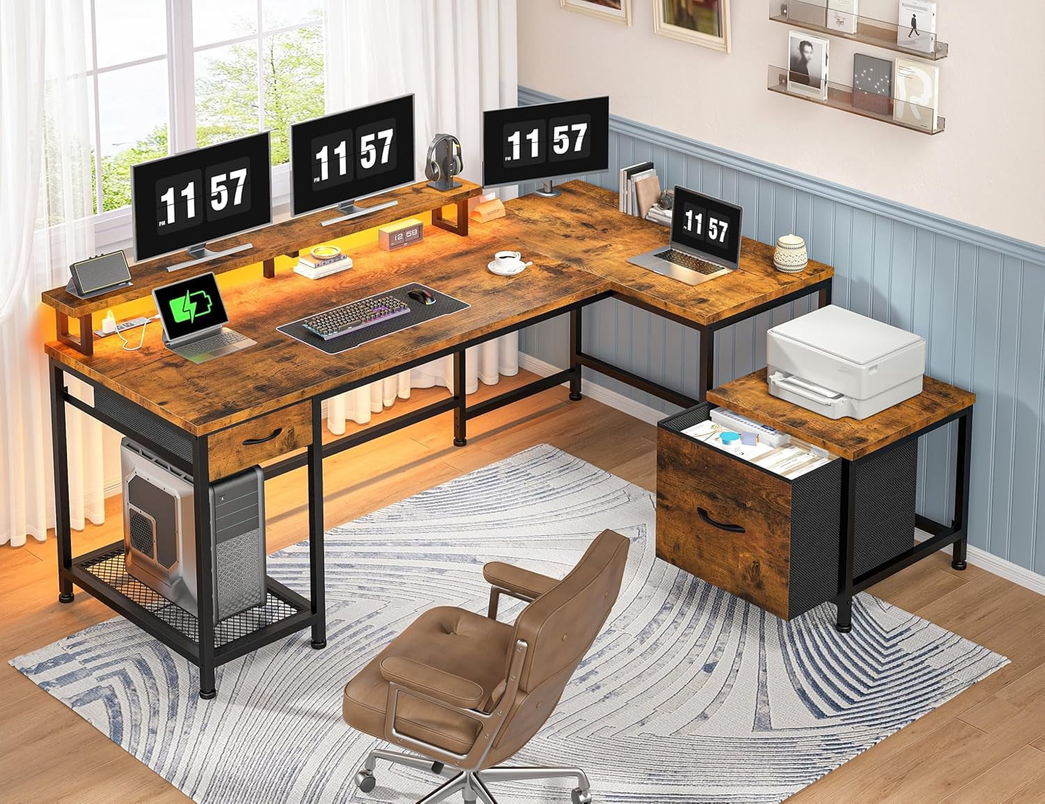 63''L Shaped Gaming Desk with LED Lights, Home Office Desks with Power ...