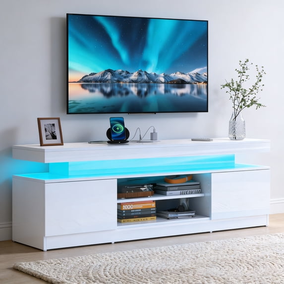 63" LED TV Stand for 75 Inch TV, High Gloss Entertainment Center with ...
