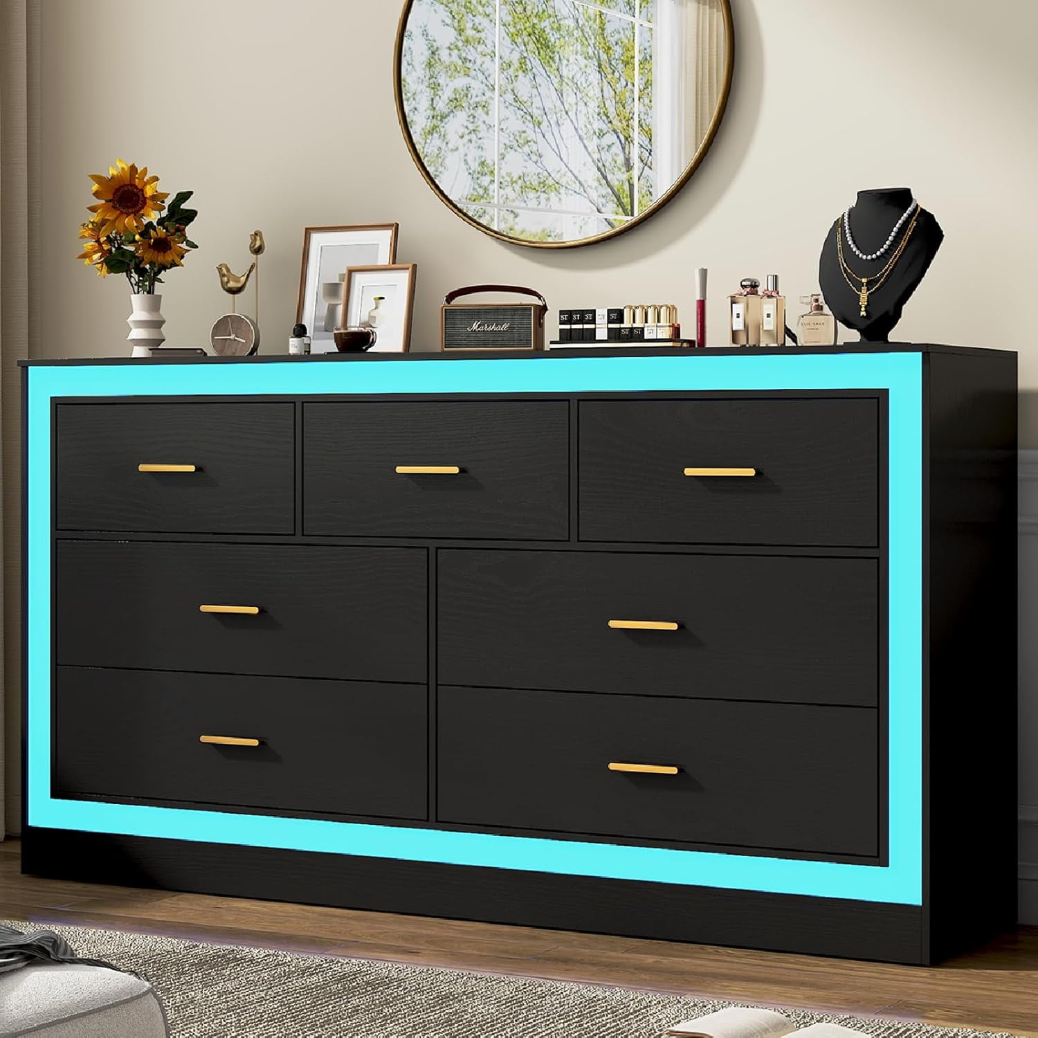 63" Large 7 Drawer Dressers with LED Lights, Modern Wooden Long Chest ...