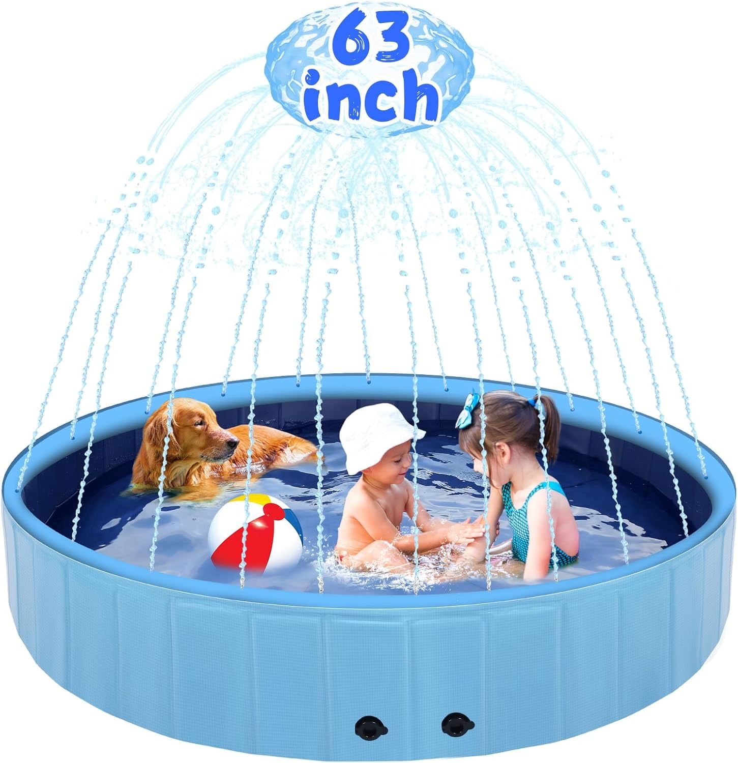 63" Large Dog Pool with Sprinkler, 2-in-1 Foldable Swimming Pool Non ...