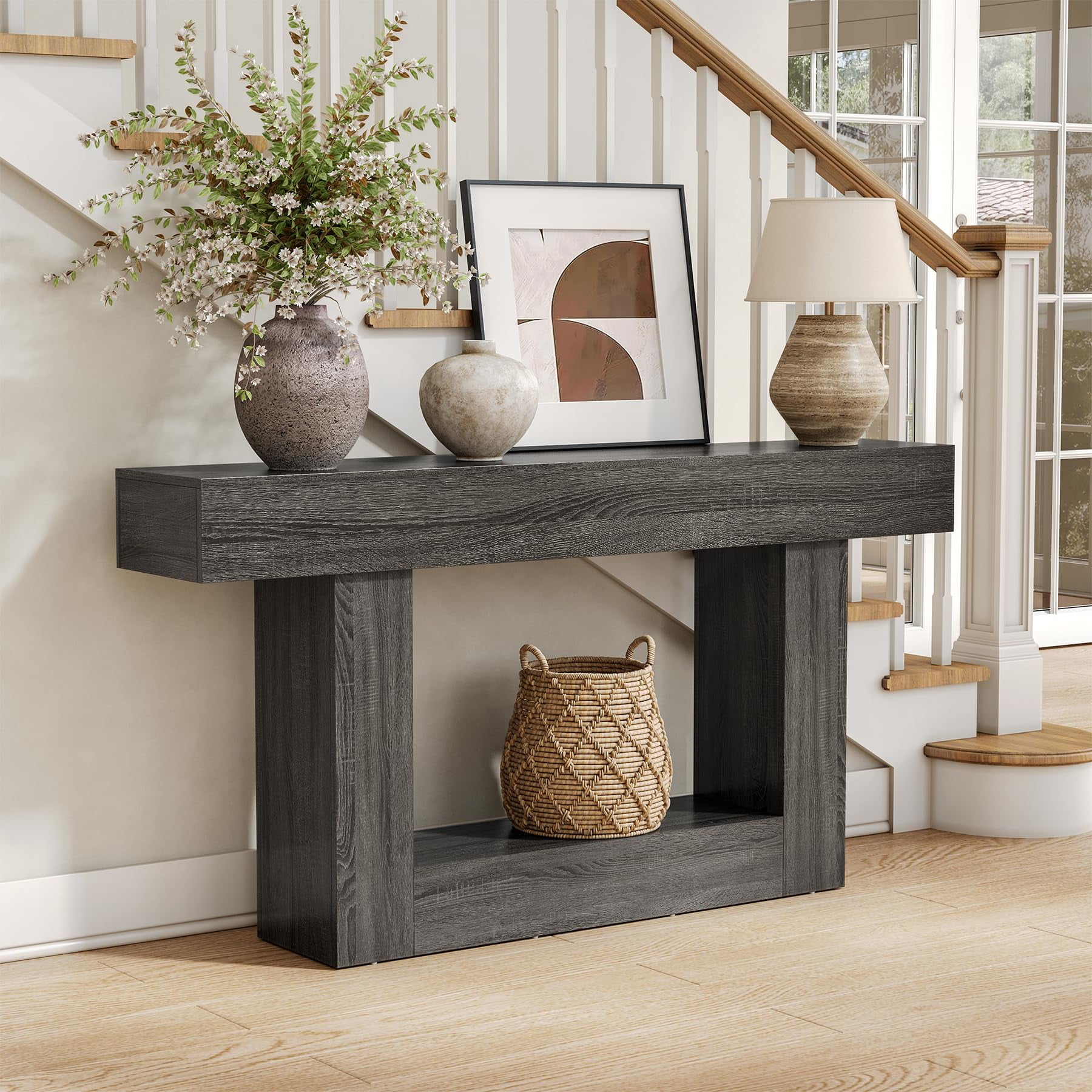 63" Long Console Table with 2-Tier Storage, Farmhouse Sofa Table Behind ...