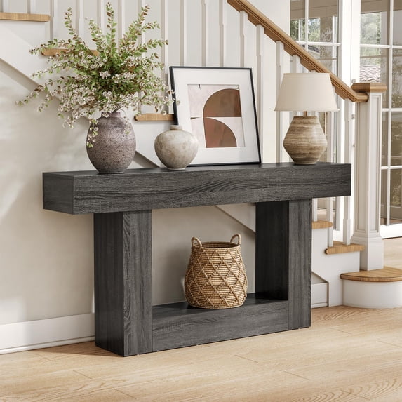 63" Long Console Table with 2-Tier Storage, Farmhouse Sofa Table Behind ...