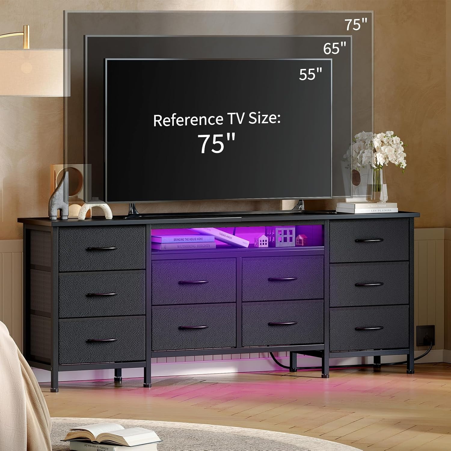 63" Long Dresser for Bedroom with 10 Fabric Drawers, Entertainment ...