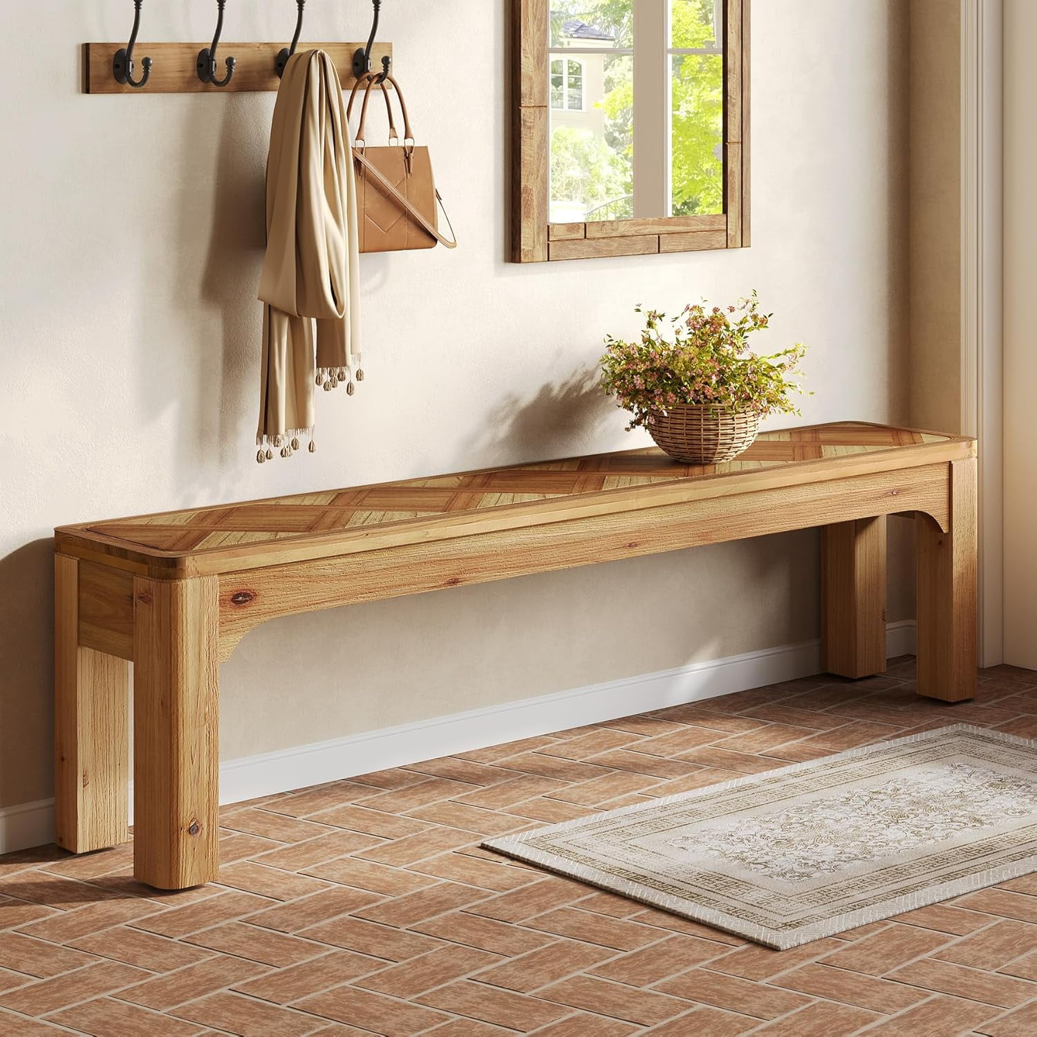 63" Long Entryway Bench, Solid Wood Shoe Bench with 3D Textured ...