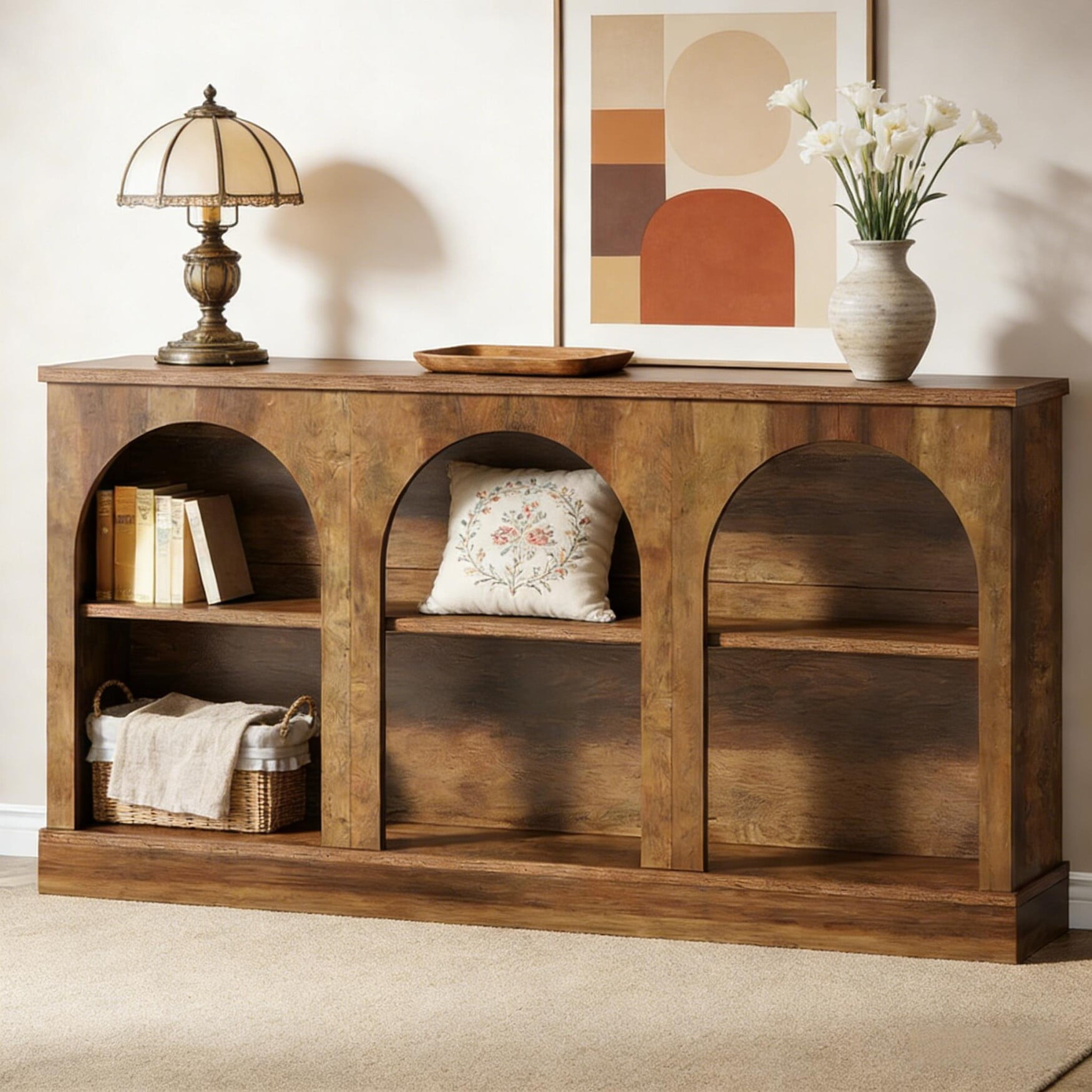 63" Long Farmhouse Console Table, Wooden Entryway Table with 3 Tier ...