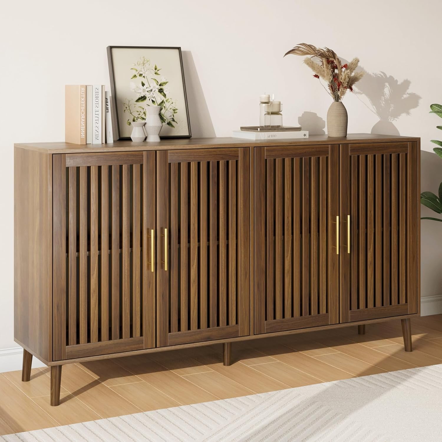 63" Long Sideboard Buffet with 4 Louvered Doors, Farmhouse Buffet ...