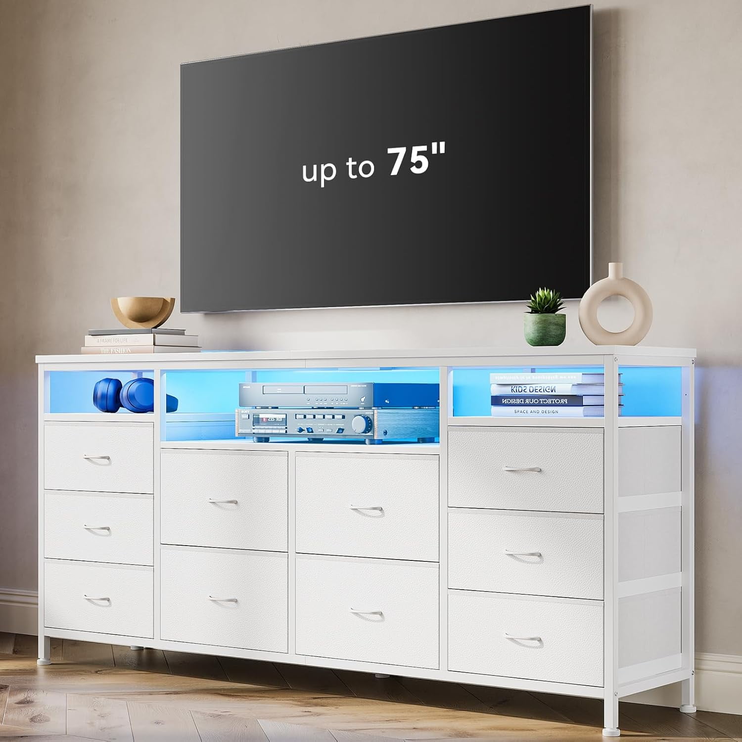 63" Long TV Stand Dresser with 10 Fabric Drawers, Safety Power Outlet ...