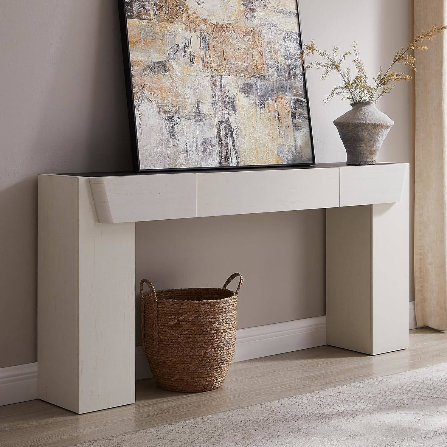 63" Long Wood-Grain Console Table with Storage Drawer, Modern Entryway ...