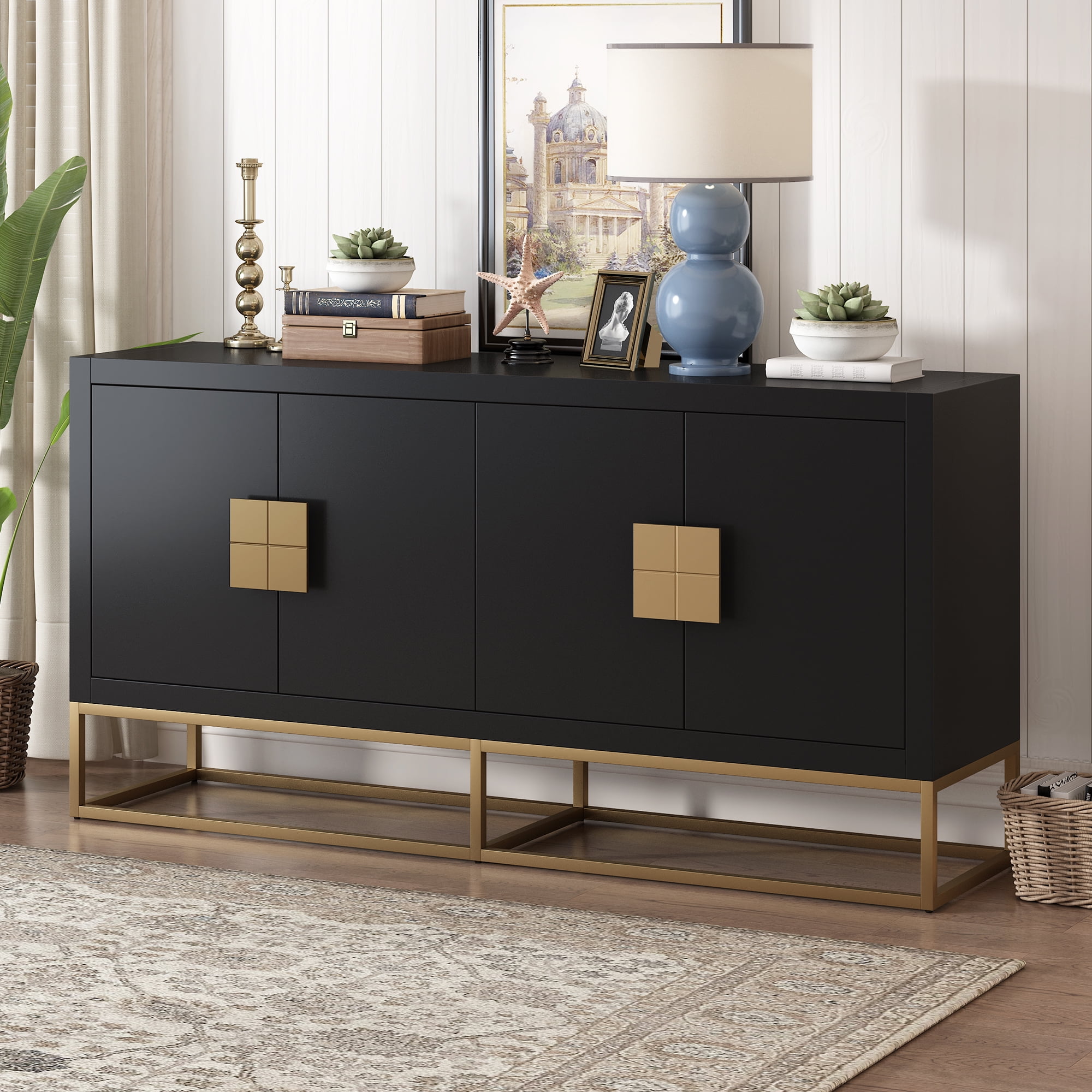 63" Luxury Designed Wooden Storage Cabinet, 4 Doors Buffet Sideboard ...