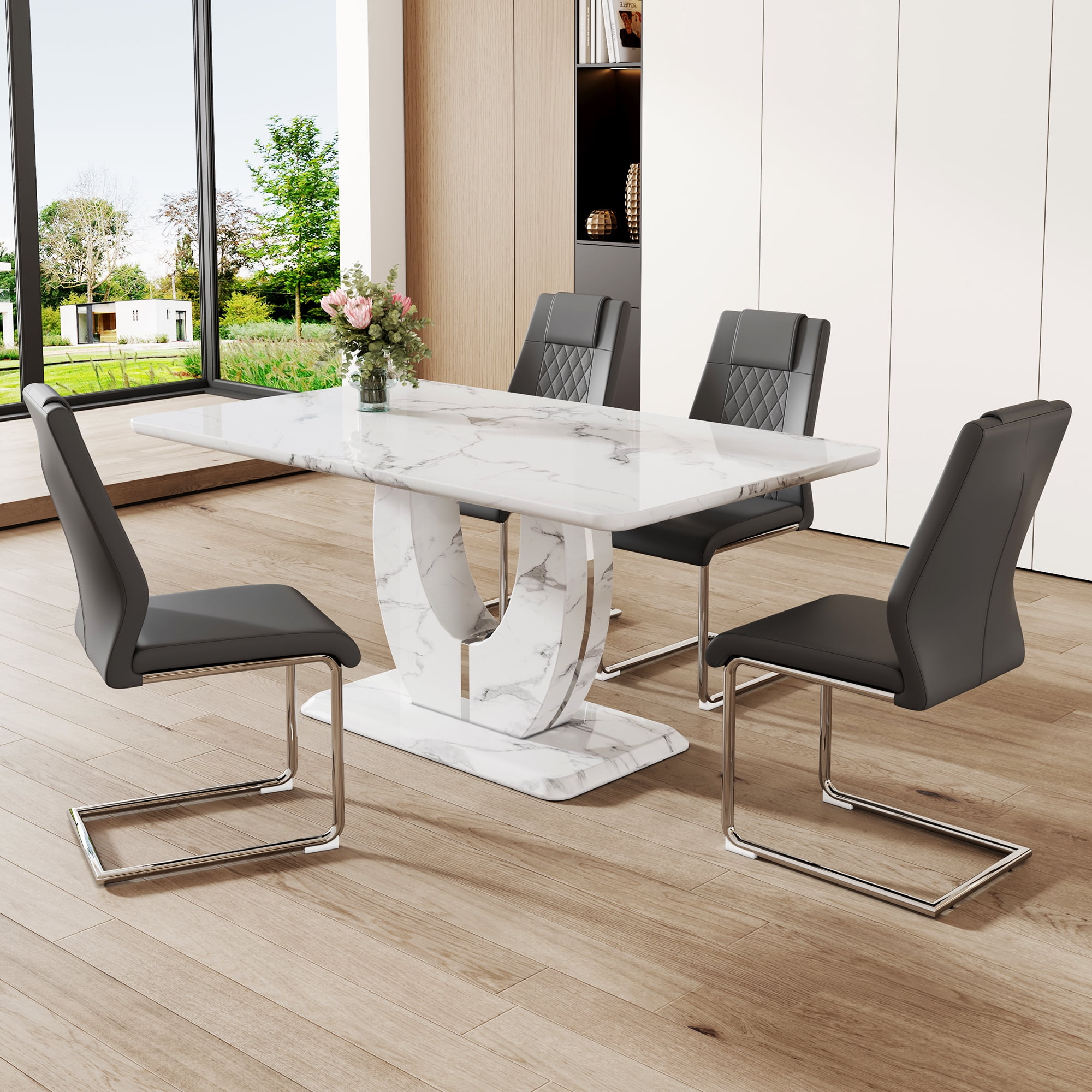 63" Marble Pattern MDF Dining Set with 4 Dark Gray PU Chairs | White ...