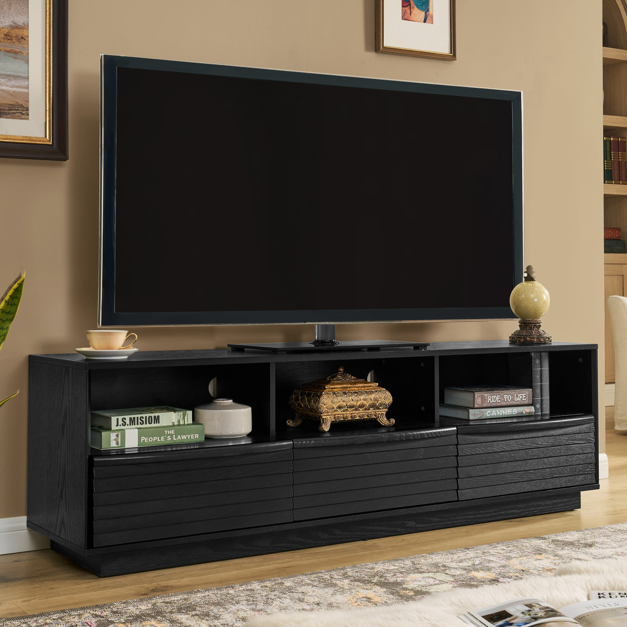 63" Mid-Century Modern TV Stand for TVs up to 75", Thick Sturdy Farmhouse Entertainment Cabinet ...