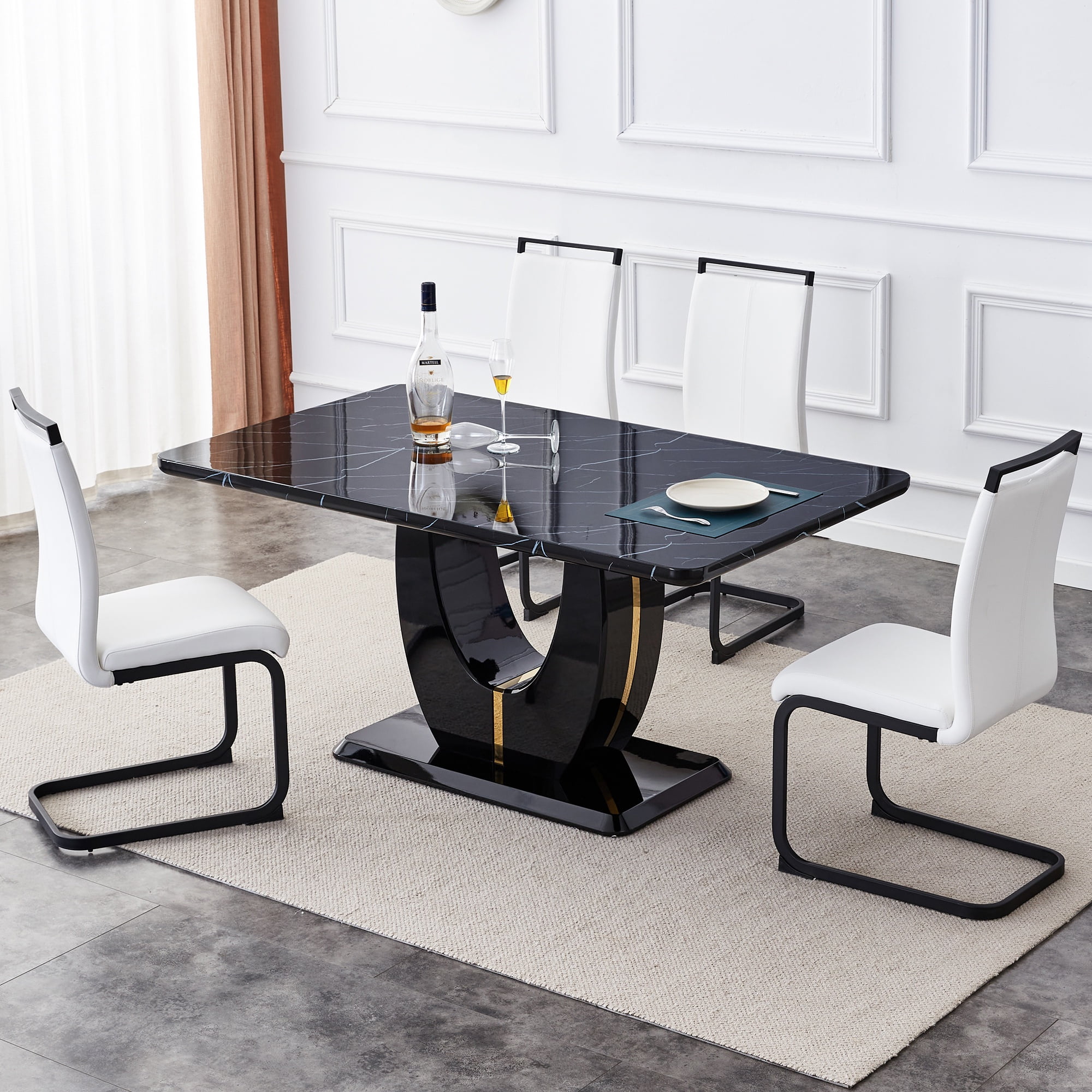 63" Modern Black Rectangle Faux Marble Dining Table Room Sets for 4 ...