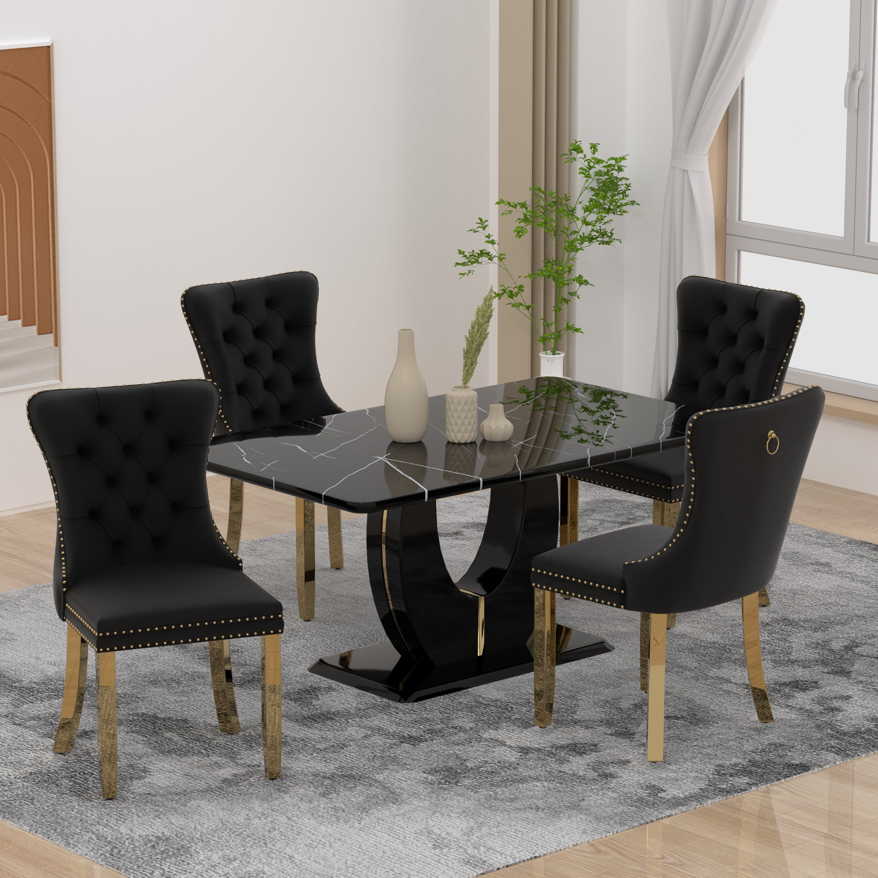 63" Modern Black Rectangle Faux Marble Dining Table Room Sets for 4 ...