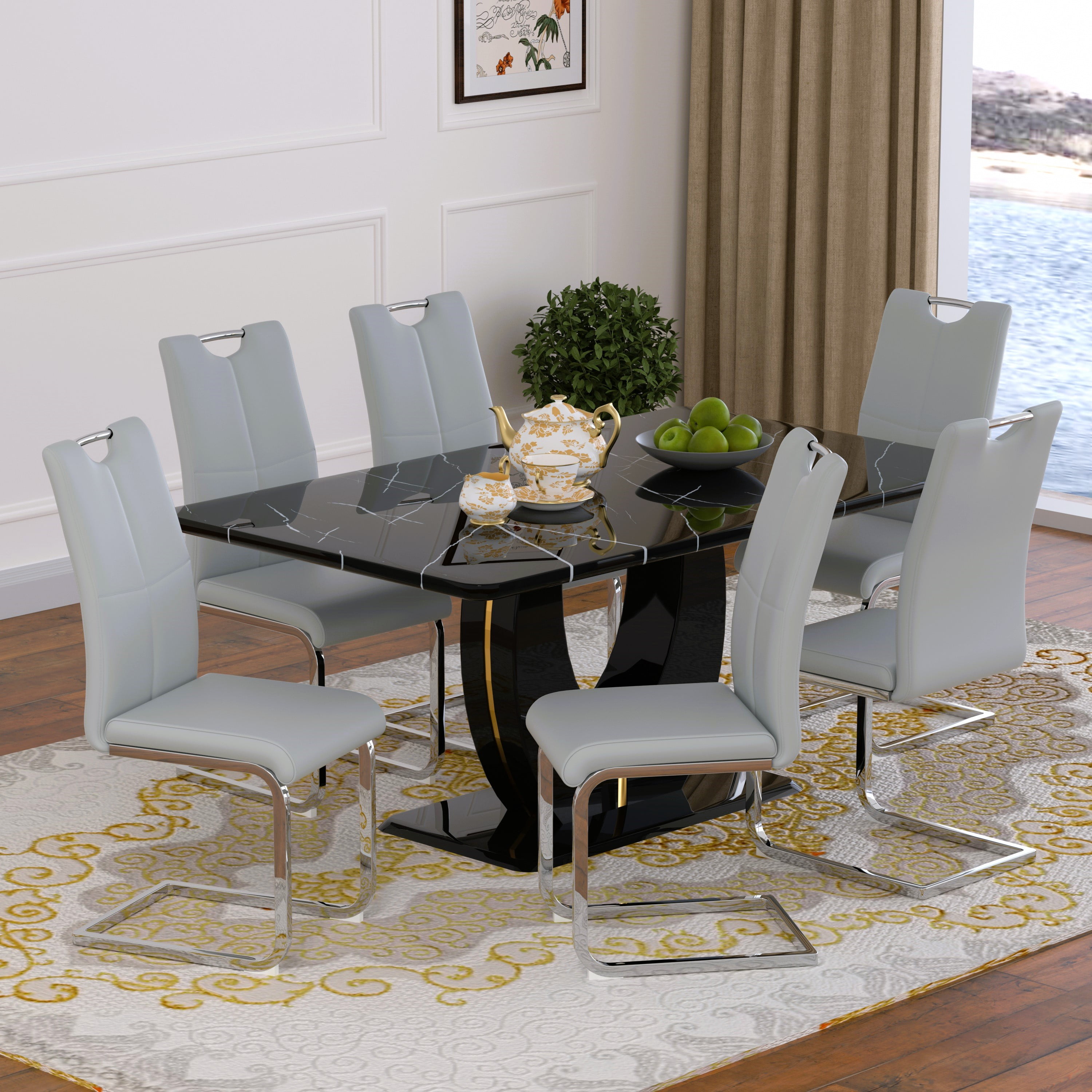 63" Modern Black Rectangle Faux Marble Dining Table Room Sets for 6 ...