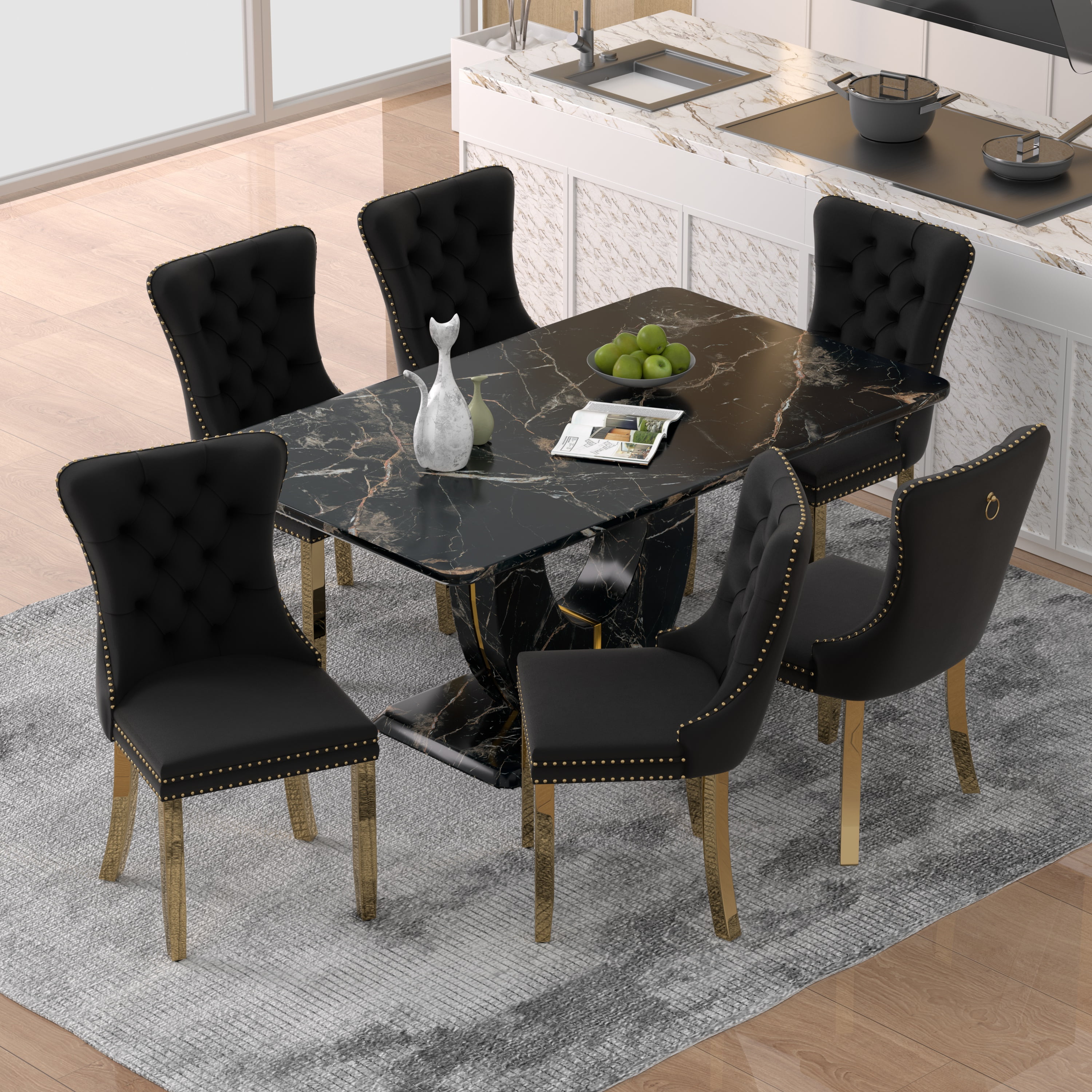 63" Modern Black Rectangle Faux Marble Dining Table Room Sets for 6 ...