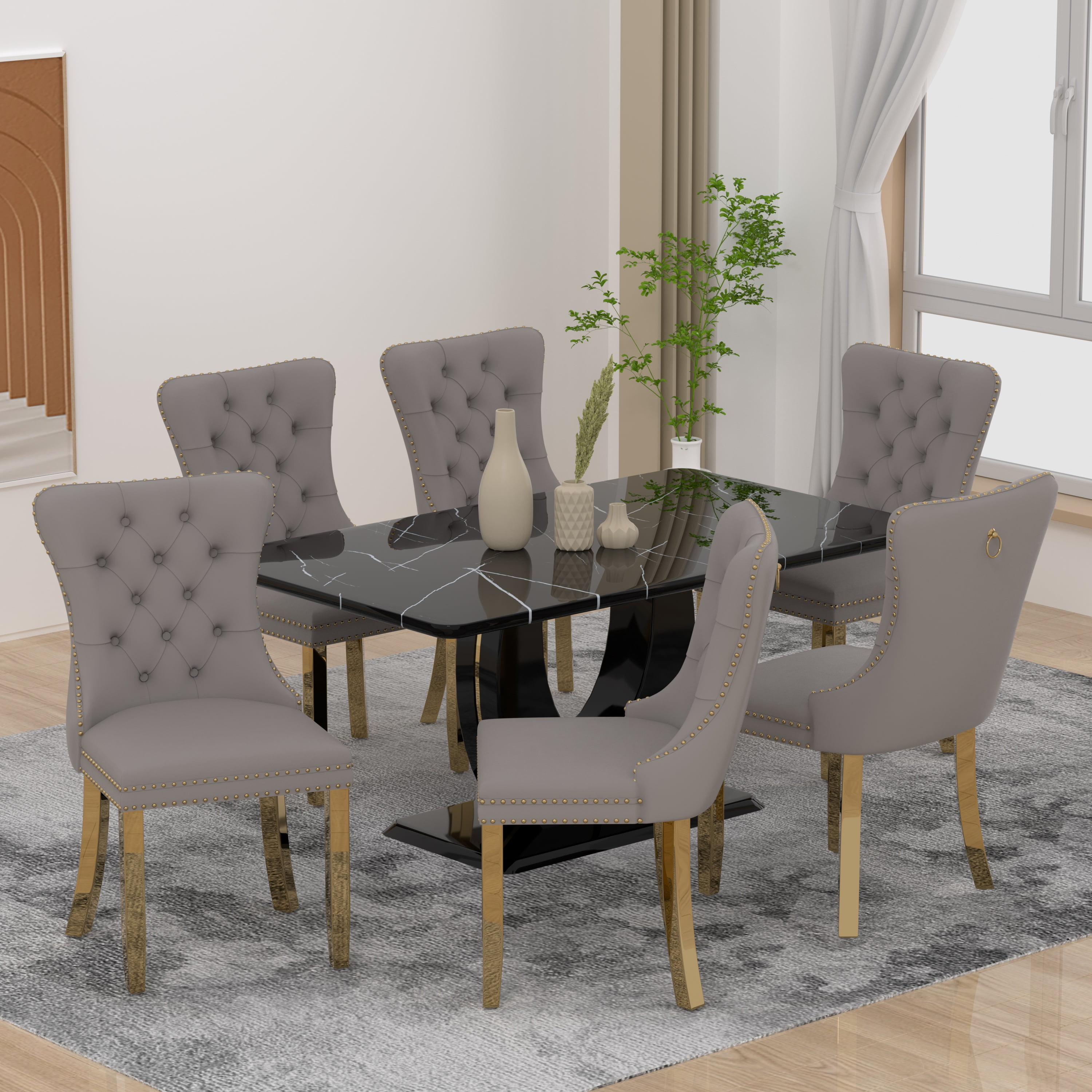 63" Modern Black Rectangle Faux Marble Dining Table Room Sets for 6,Dining Table with 6 Velvet ...