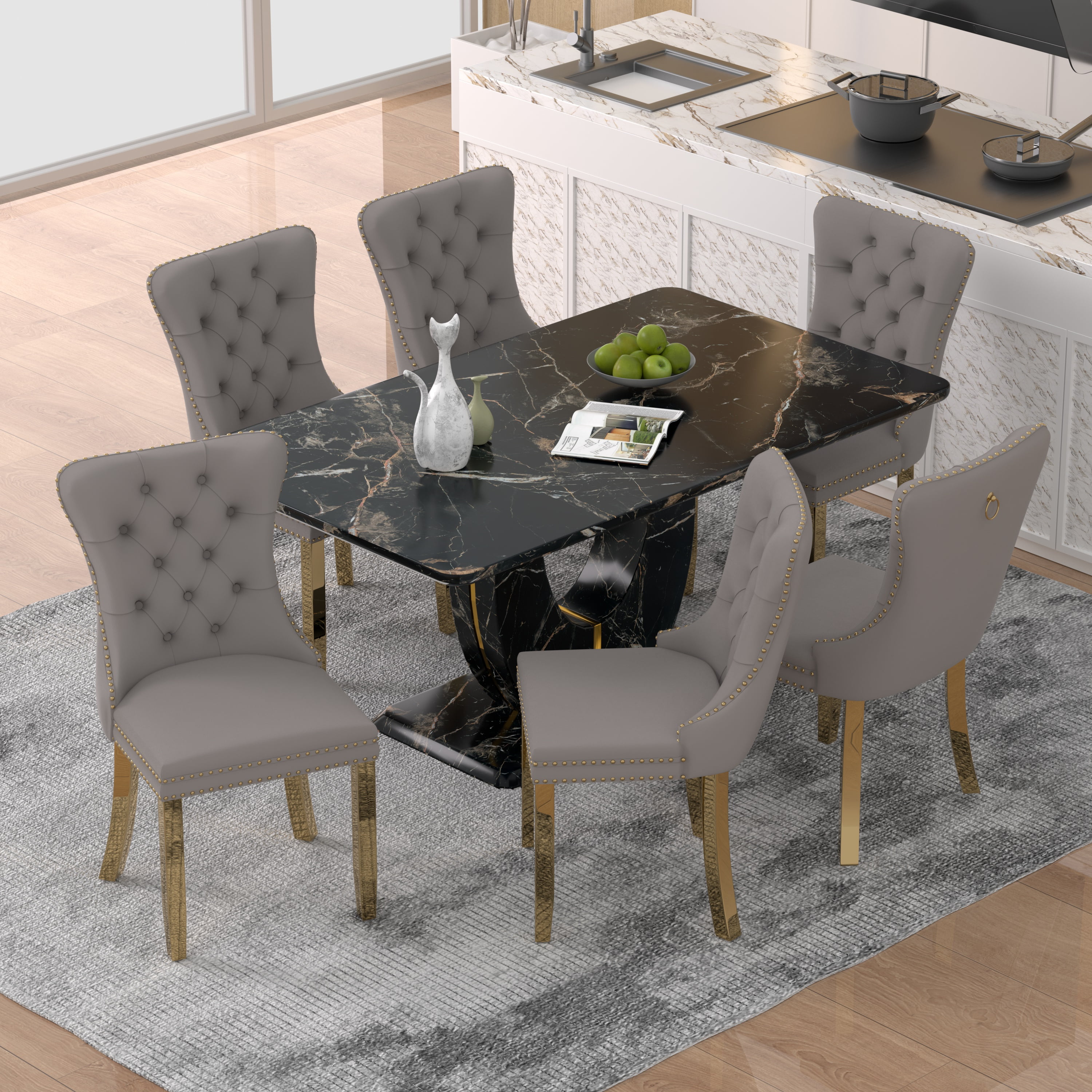 63" Modern Black Rectangle Faux Marble Dining Table Room Sets for 6,Dining Table with 6 Velvet ...