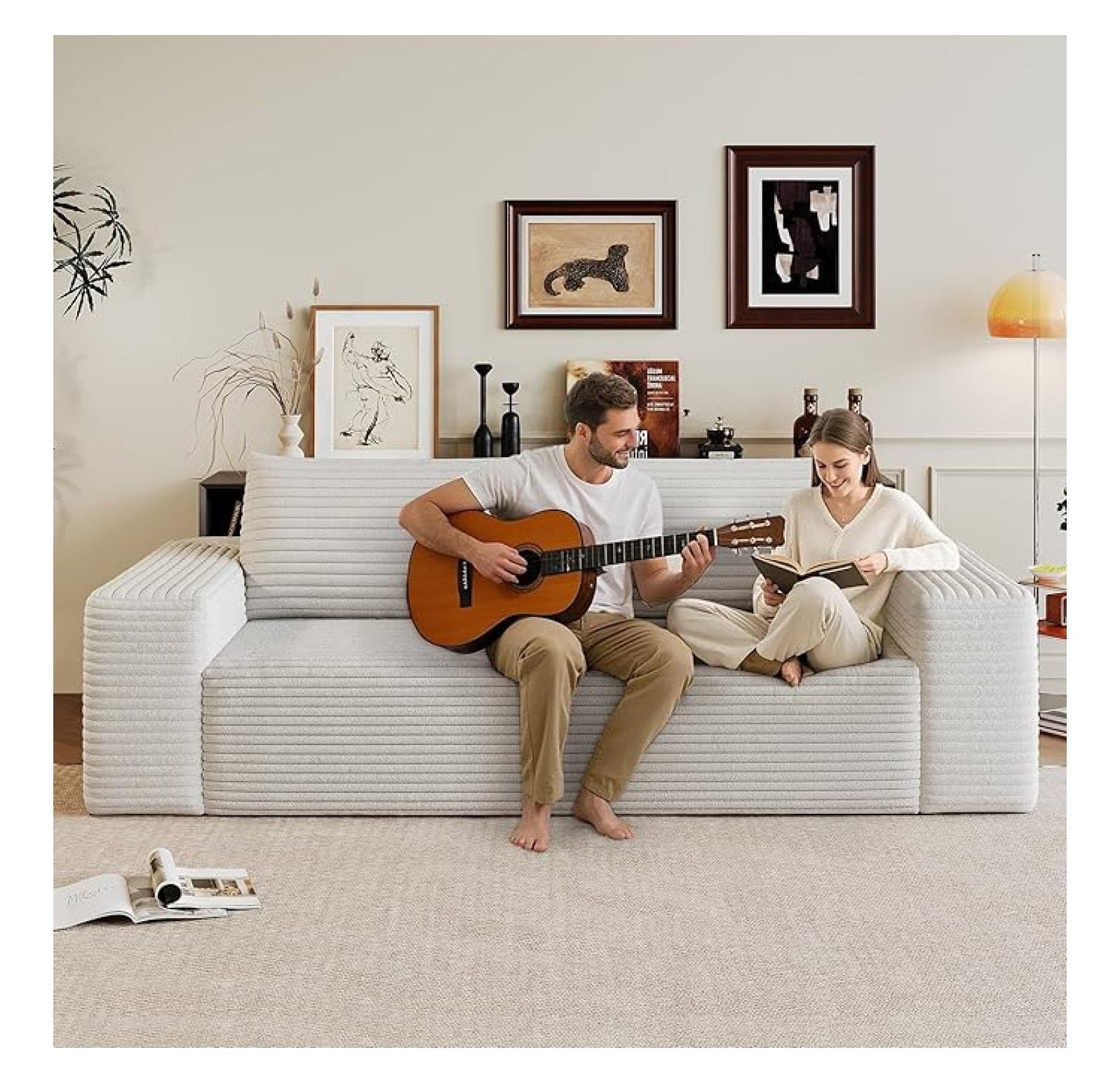 63" Modern Corduroy Loveseat Couch, Soft Small Sofa, White Upholstered ...