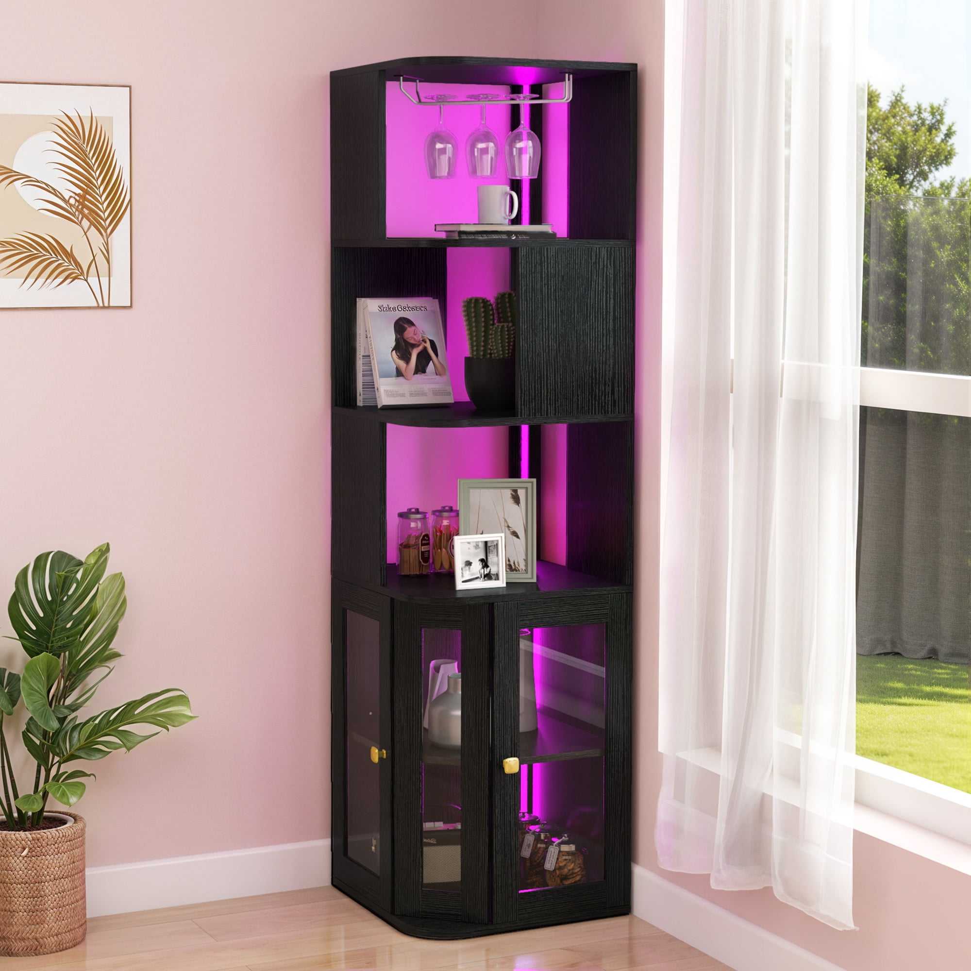 63" Modern Corner Bar Cabinet with LED Lighting, Adjustable Glass ...