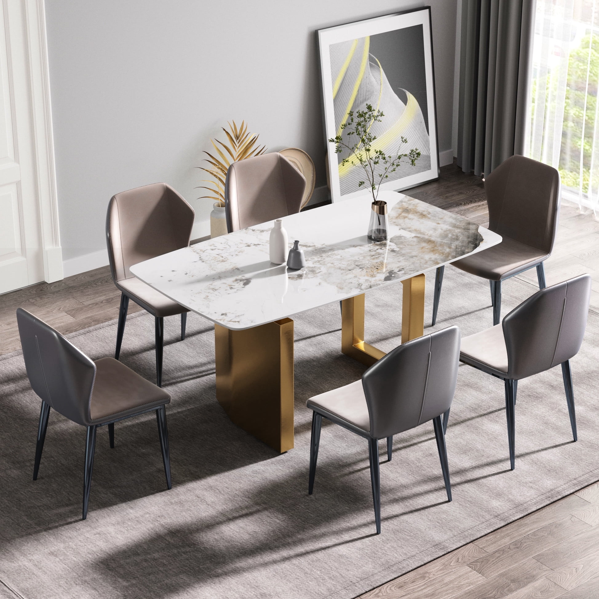63" Modern Dining Table - White Sintered Stone Panel, Metal Leg Base, 6 ...