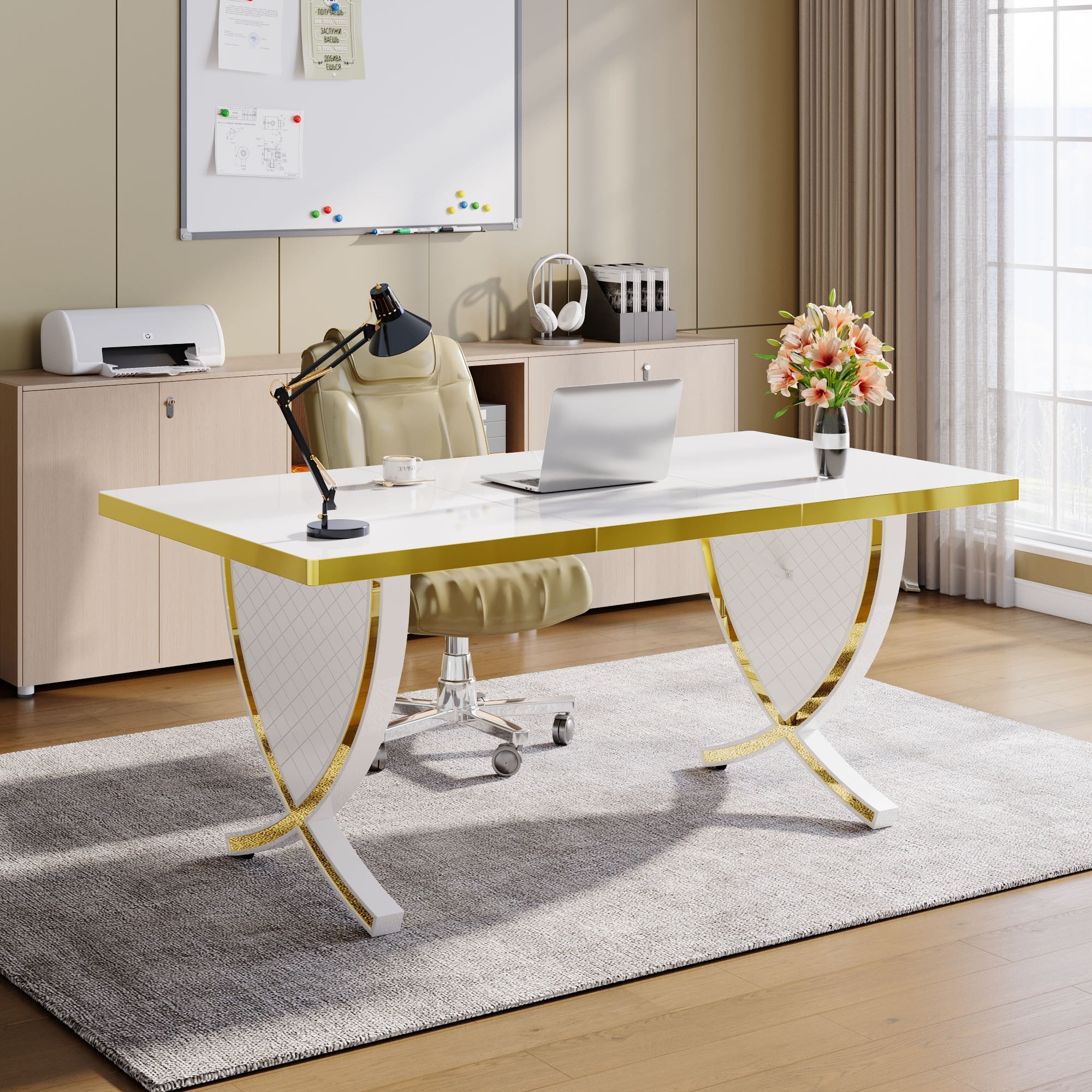 63" Modern Executive Desk with High-Gloss Desktop, White and Gold Large ...