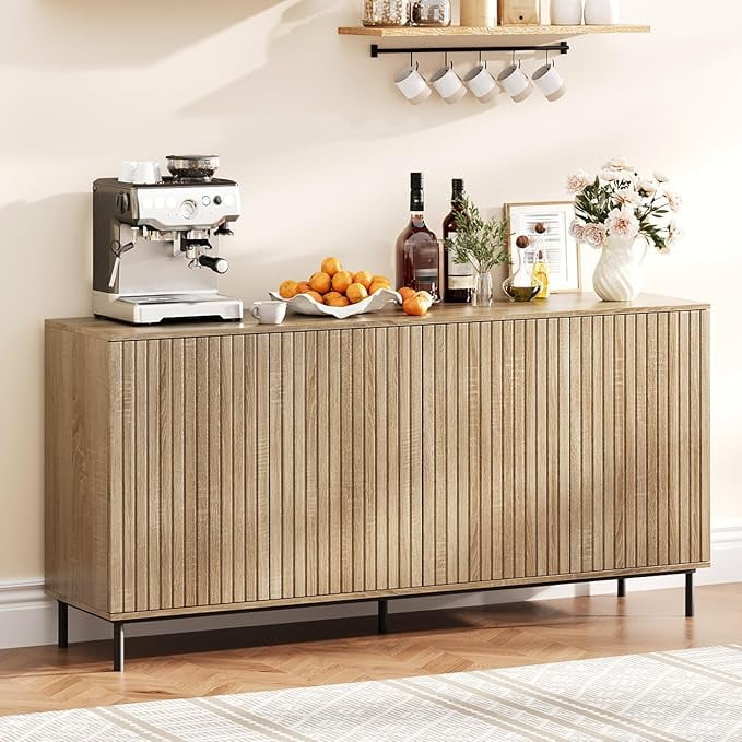 63" Modern Fluted Sideboard Buffet Cabinet with 4 Fluted Doors & Metal ...
