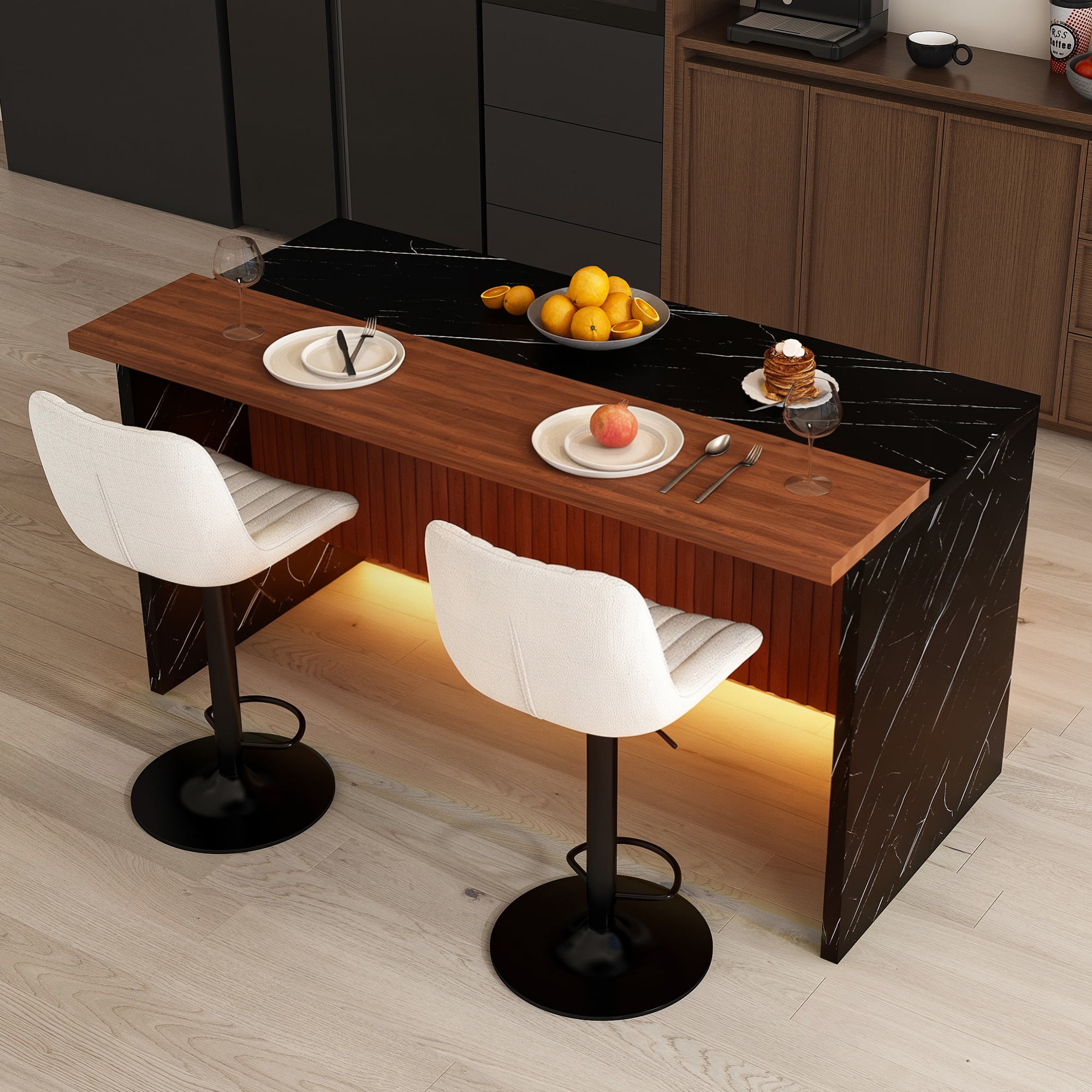 63" Modern Kitchen Island Set with 2 Beige Bar Stools - Black Marble ...